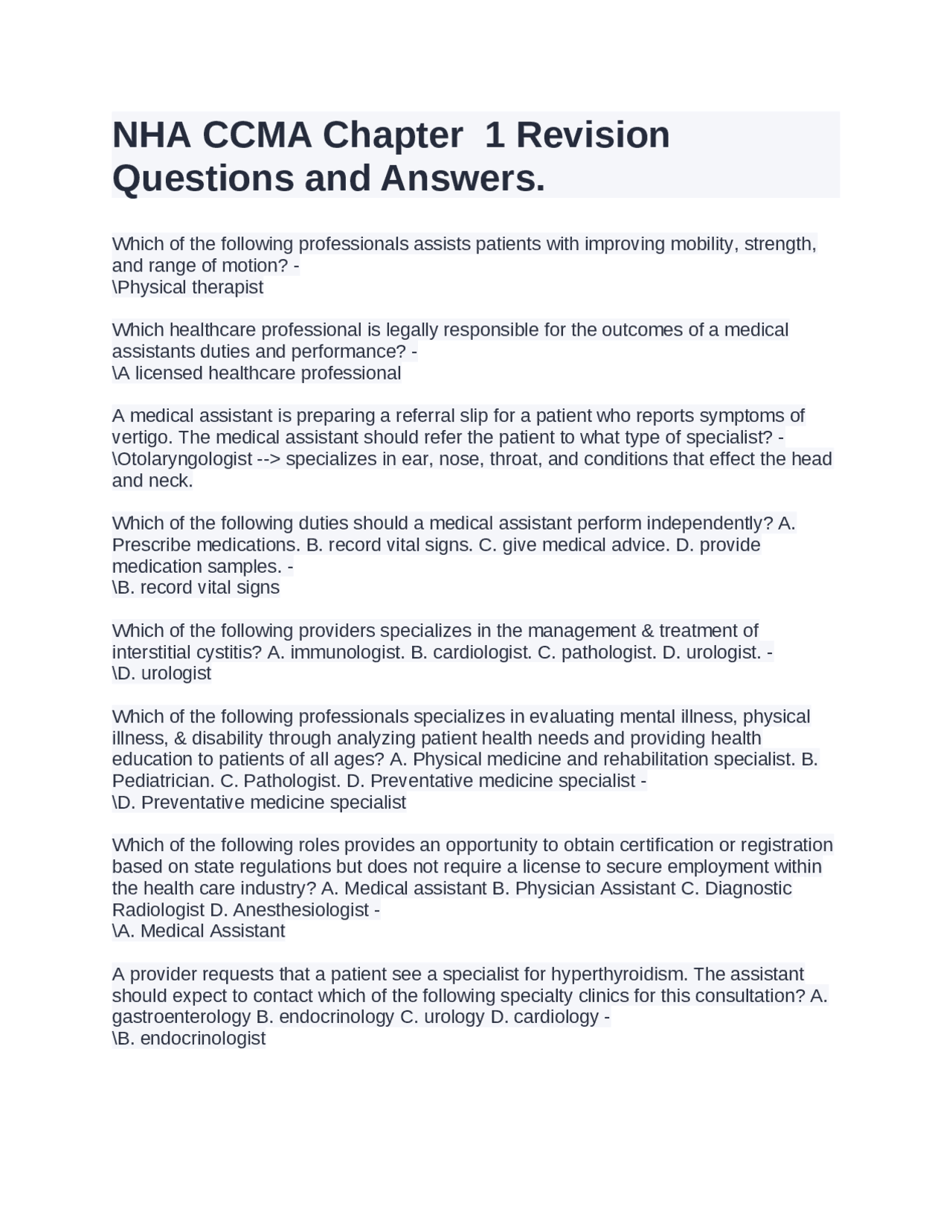 NHA CCMA Chapter 1 Revision Questions and Answers. | Exams Medicine ...