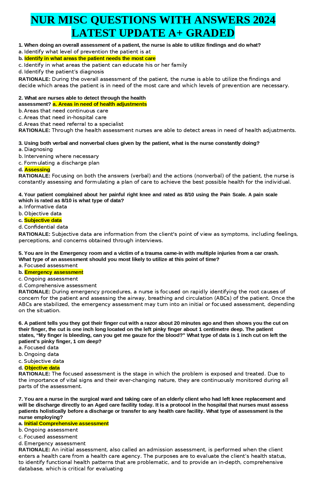 NUR MISC QUESTIONS WITH ANSWERS 2024 LATEST UPDATE A+ GRADED | Exams ...