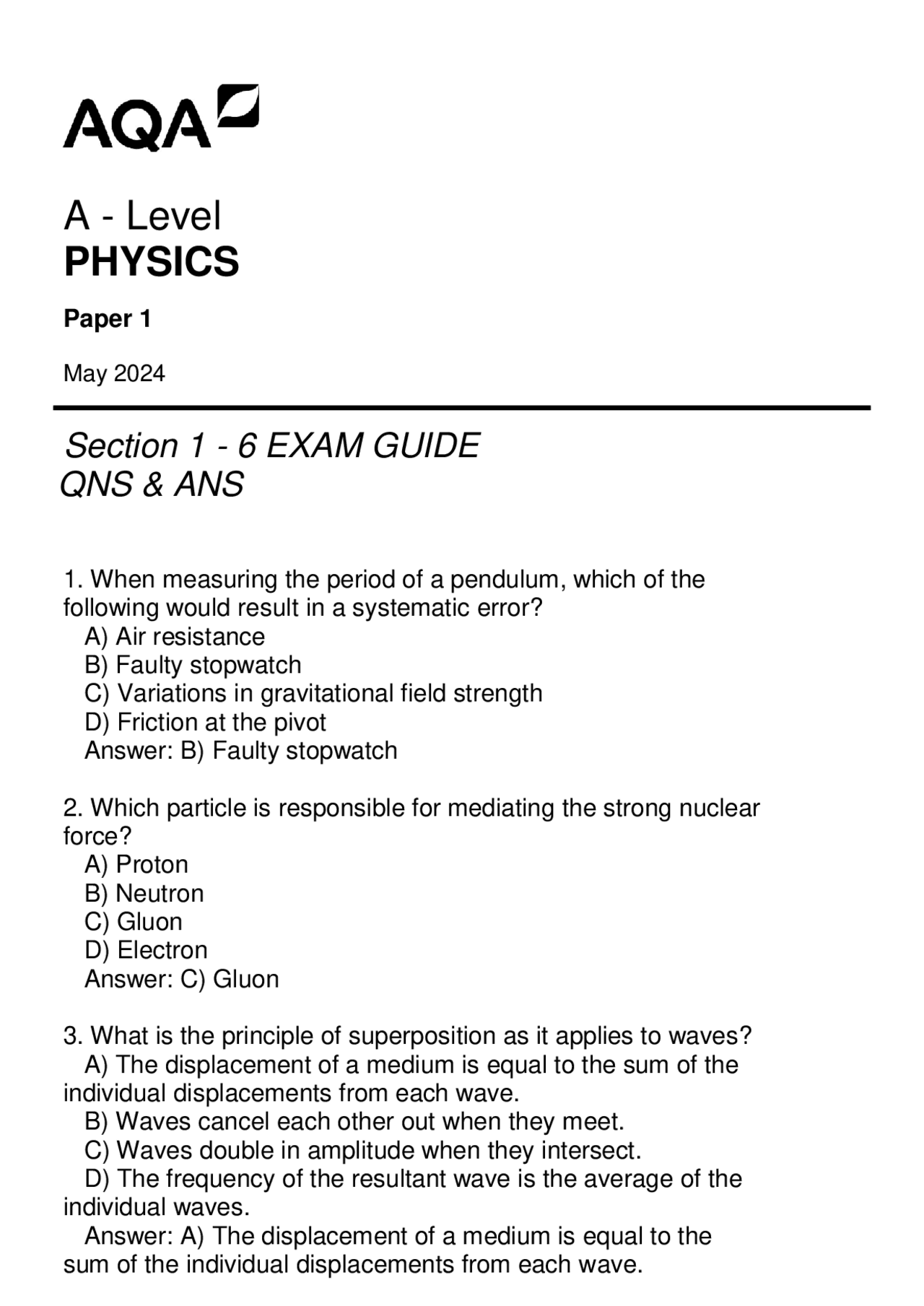 AQA A - LEVEL PHYSICS PAPER 1 SECTION 1 - 6 EXAM GUIDE QNS & ANS MAY 2024 | Exams Physics | Docsity