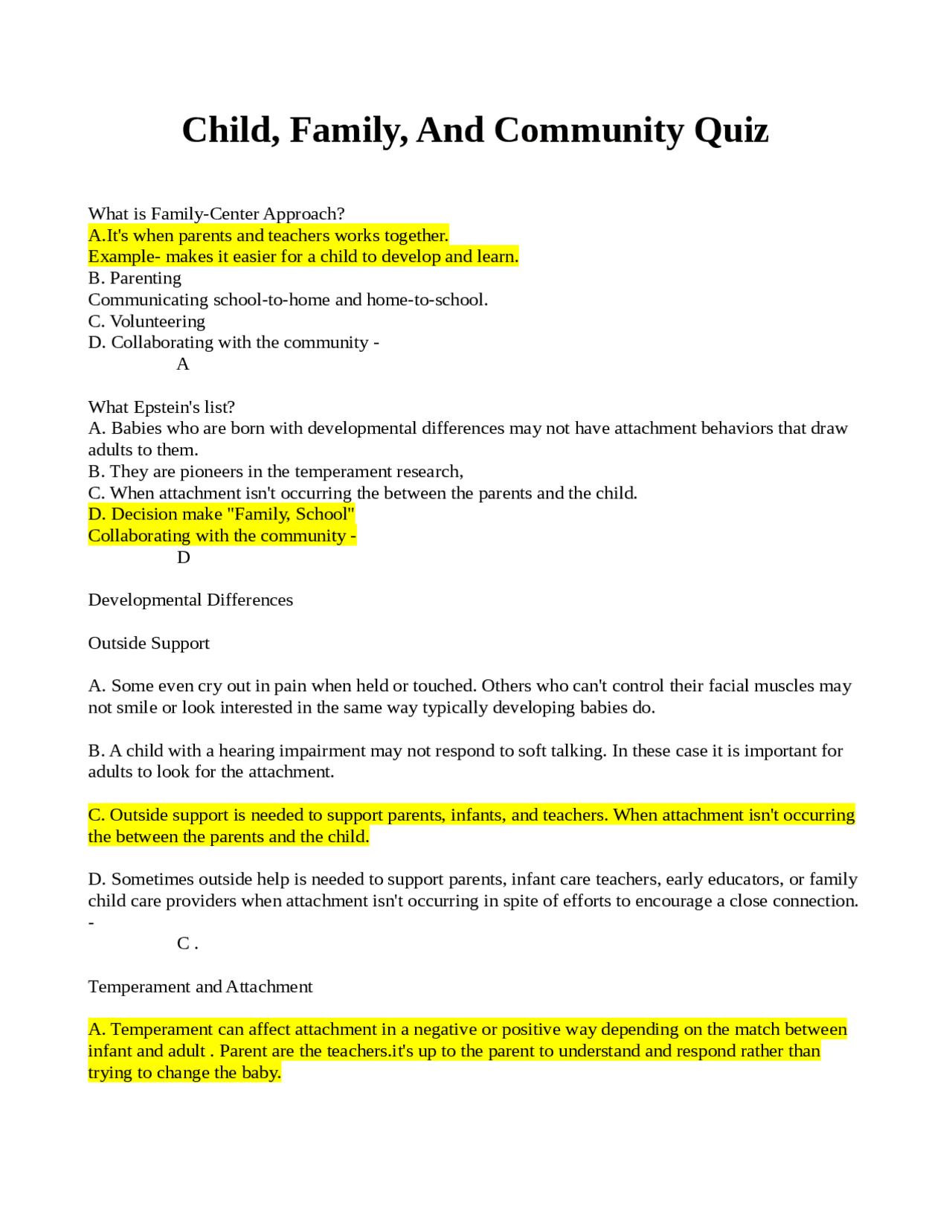 Child, Family, And Community Quiz. | Exams Family psychology | Docsity