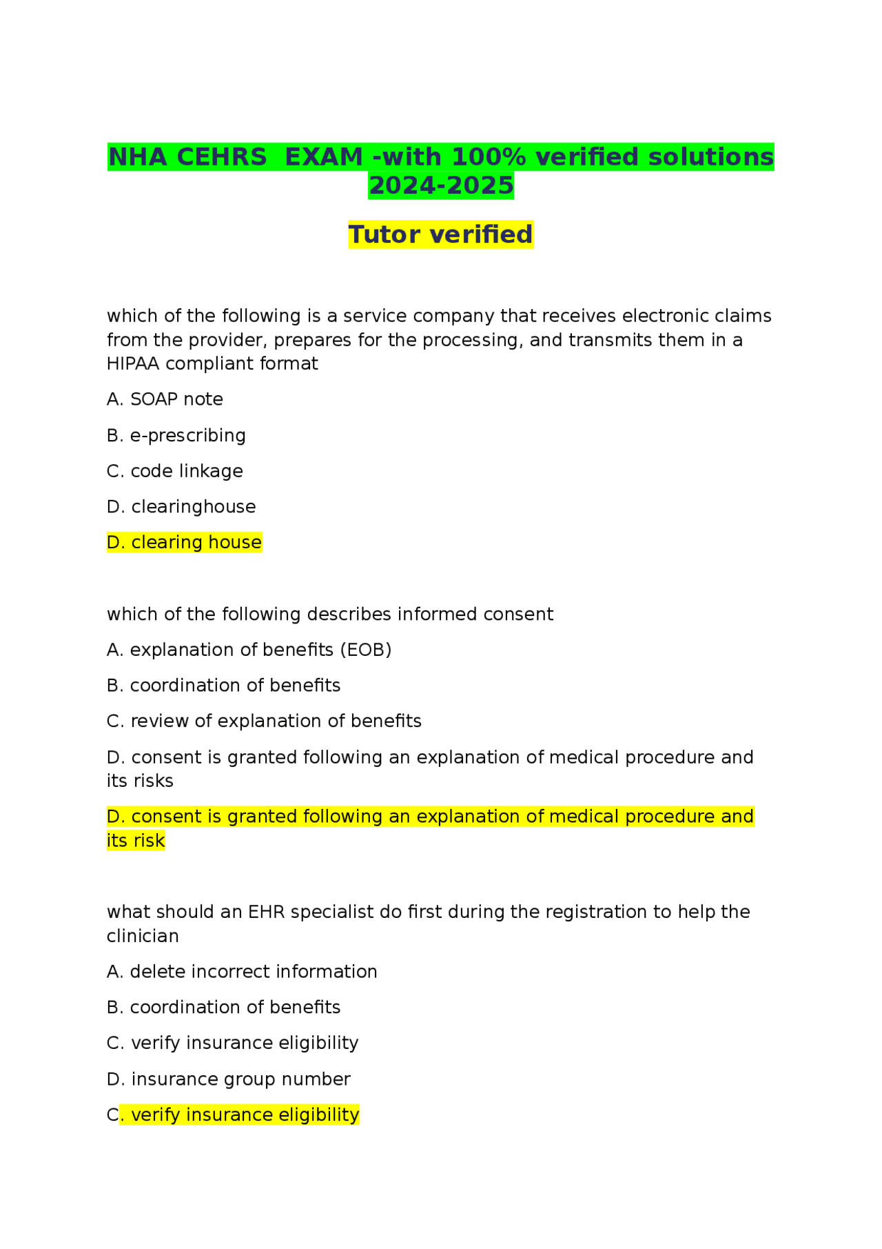 NHA CEHRS EXAM -with 100% verified solutions 2024-2025 .docx | Exams ...