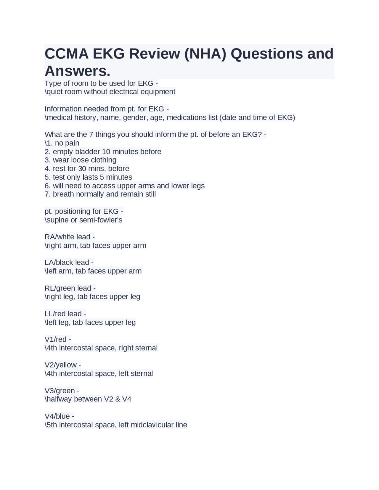 CCMA EKG Review (NHA) Questions and Answers. | Exams Medicine | Docsity