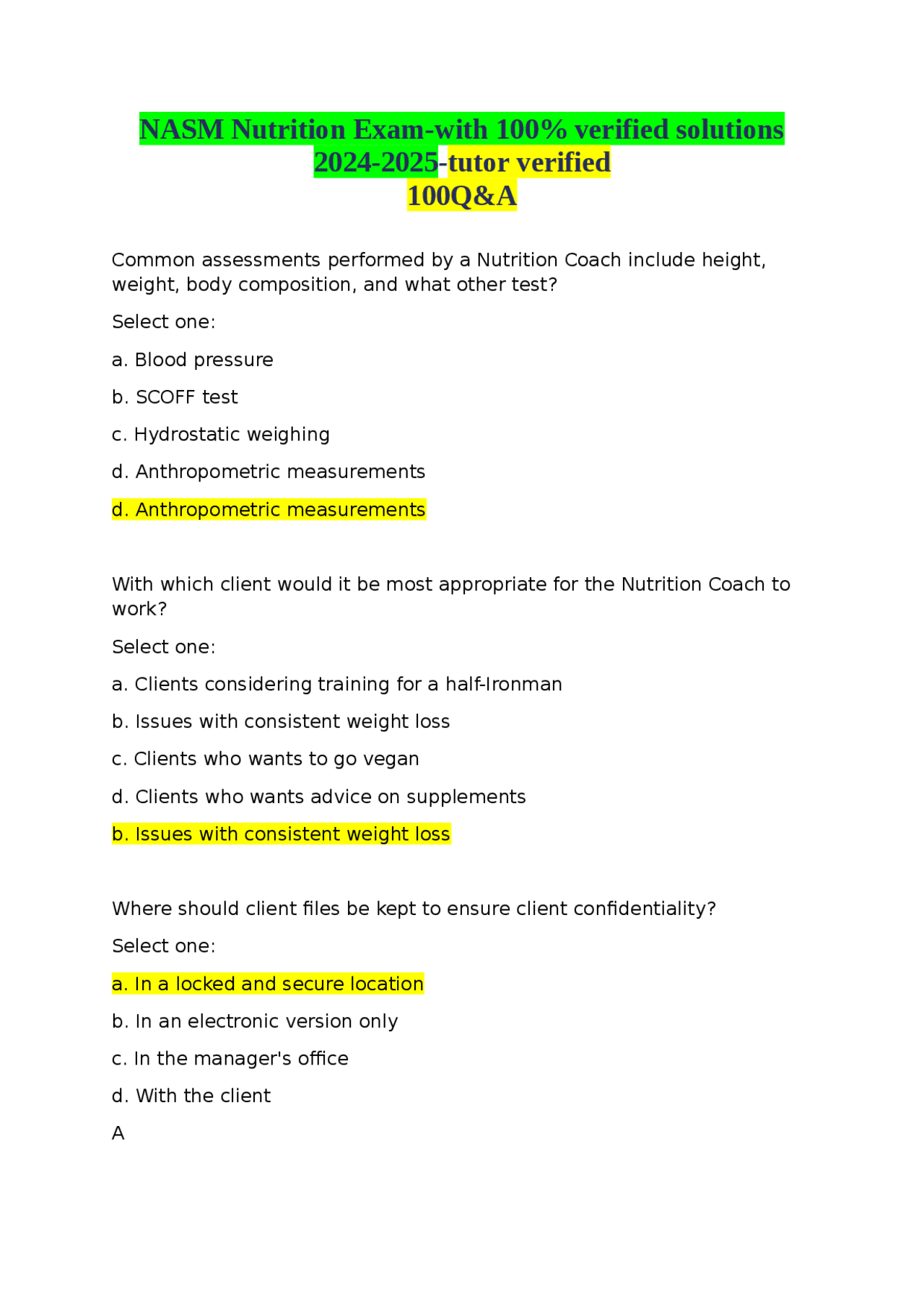NASM Nutrition Exam-with 100% verified solutions 2024-2025-tutor ...