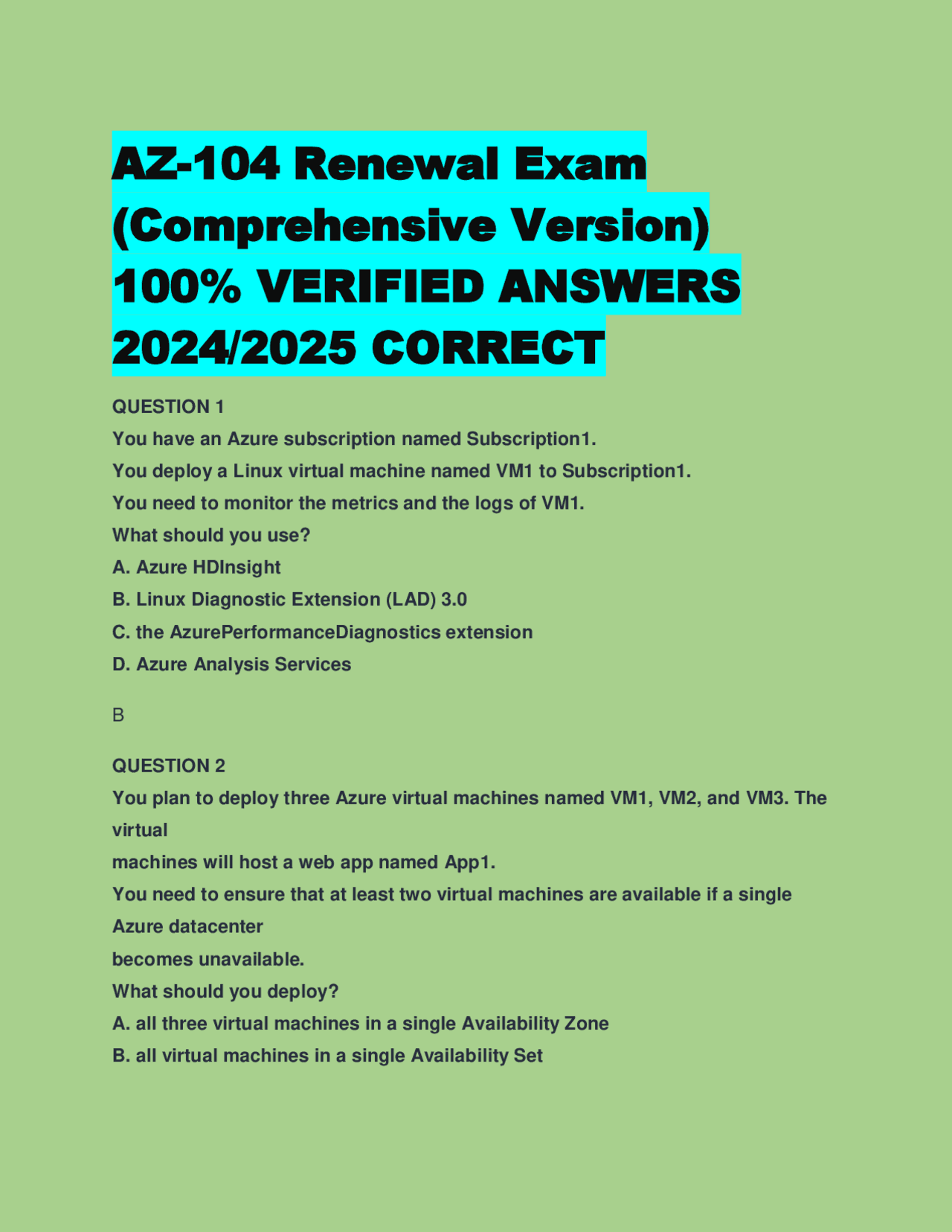 AZ-104 Renewal Exam (Comprehensive Version) 100% VERIFIED ANSWERS 2024/2025 CORRECT | Exams ...