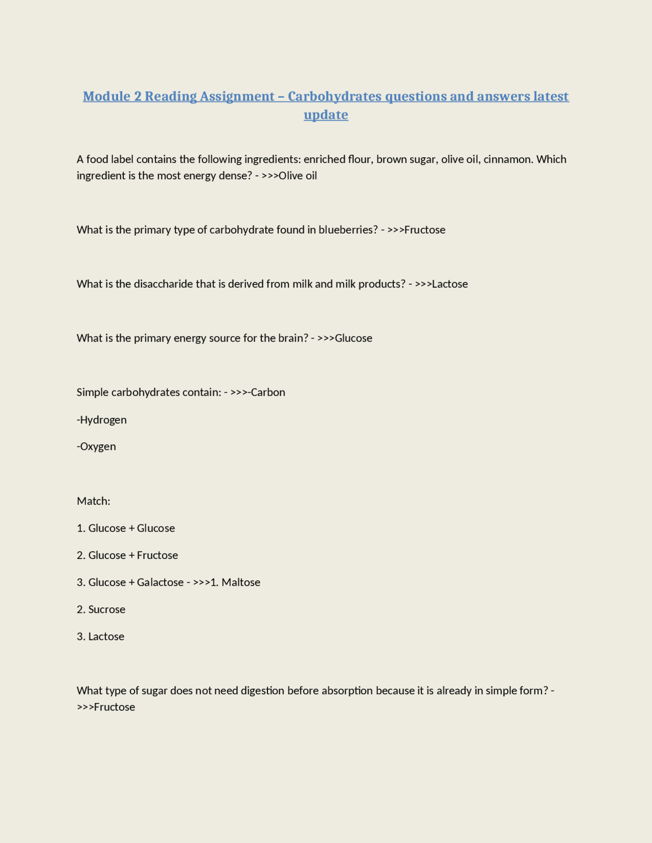 Module 2 Reading Assignment – Carbohydrates questions and answers ...