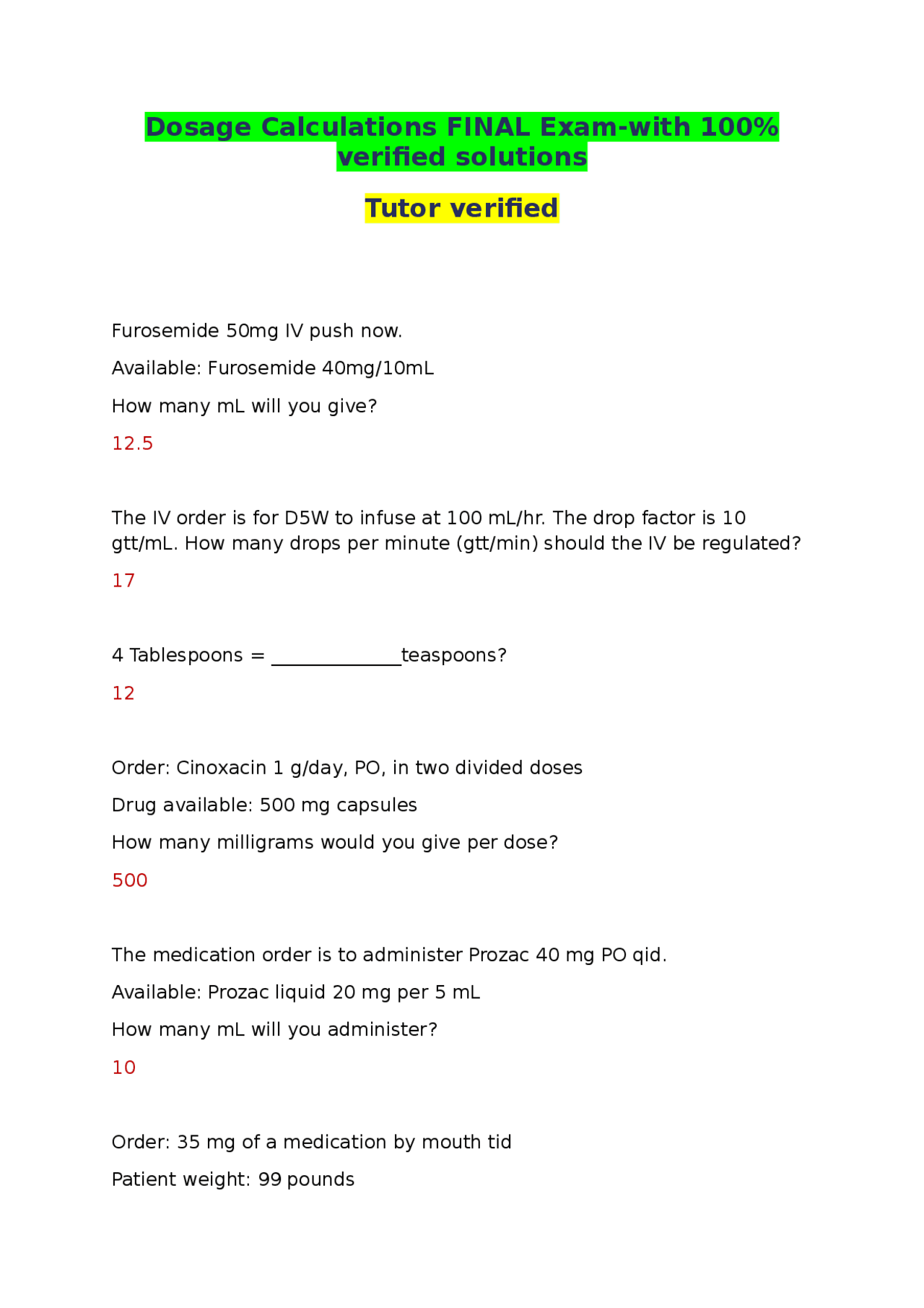 Pharmacology Calculations for Pediatric Dosages | Exams Nursing | Docsity