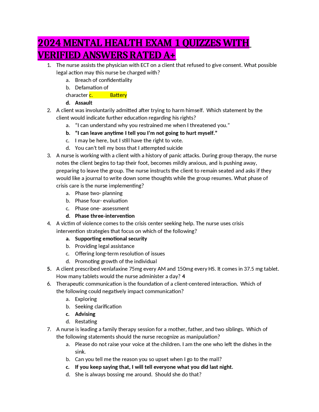2024 MENTAL HEALTH EXAM 1 QUIZZES WITH VERIFIED ANSWERS RATED A+ ...