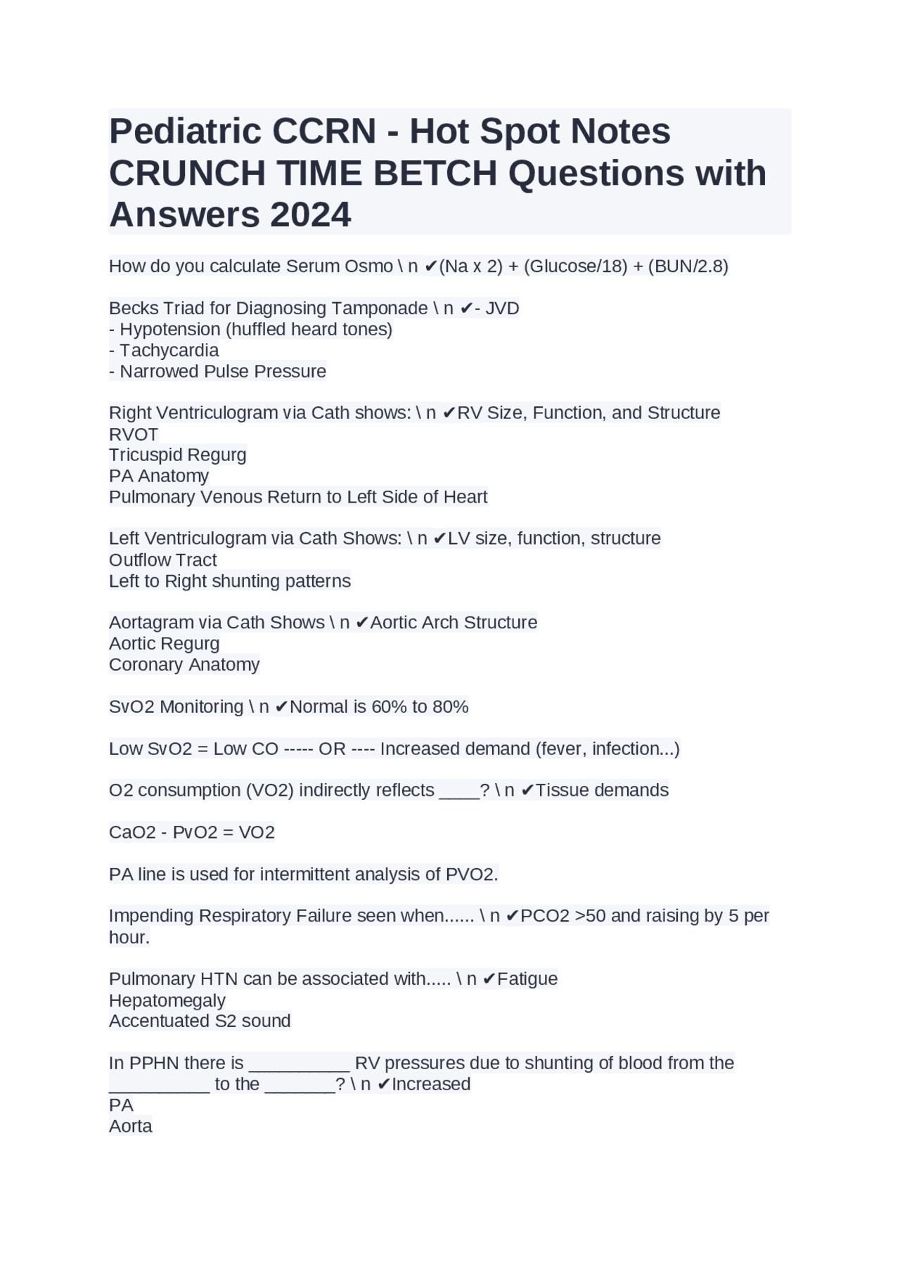 Pediatric CCRN - Hot Spot Notes CRUNCH TIME BETCH Questions with ...