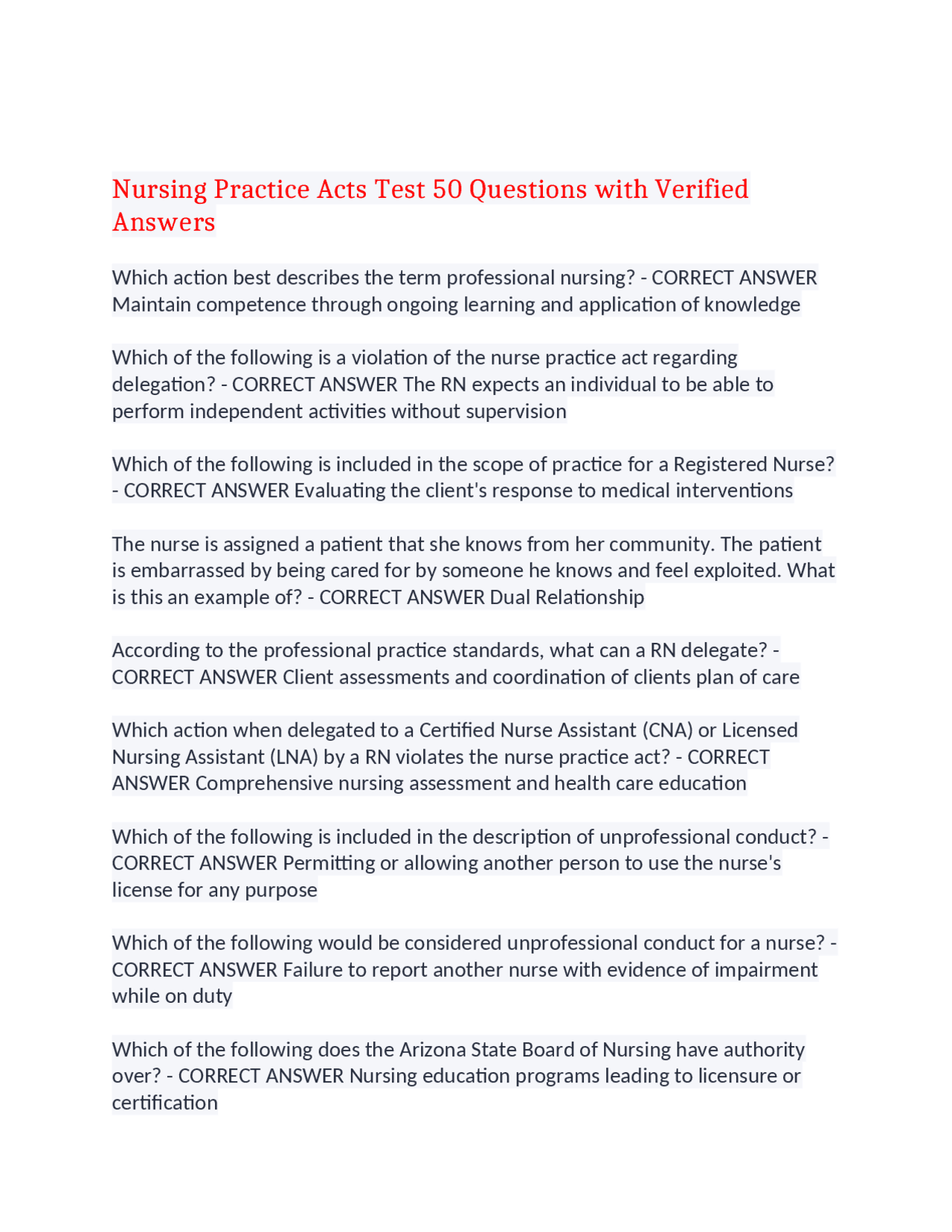 Nursing Practice Acts Test 50 Questions with Verified Answers,100% ...