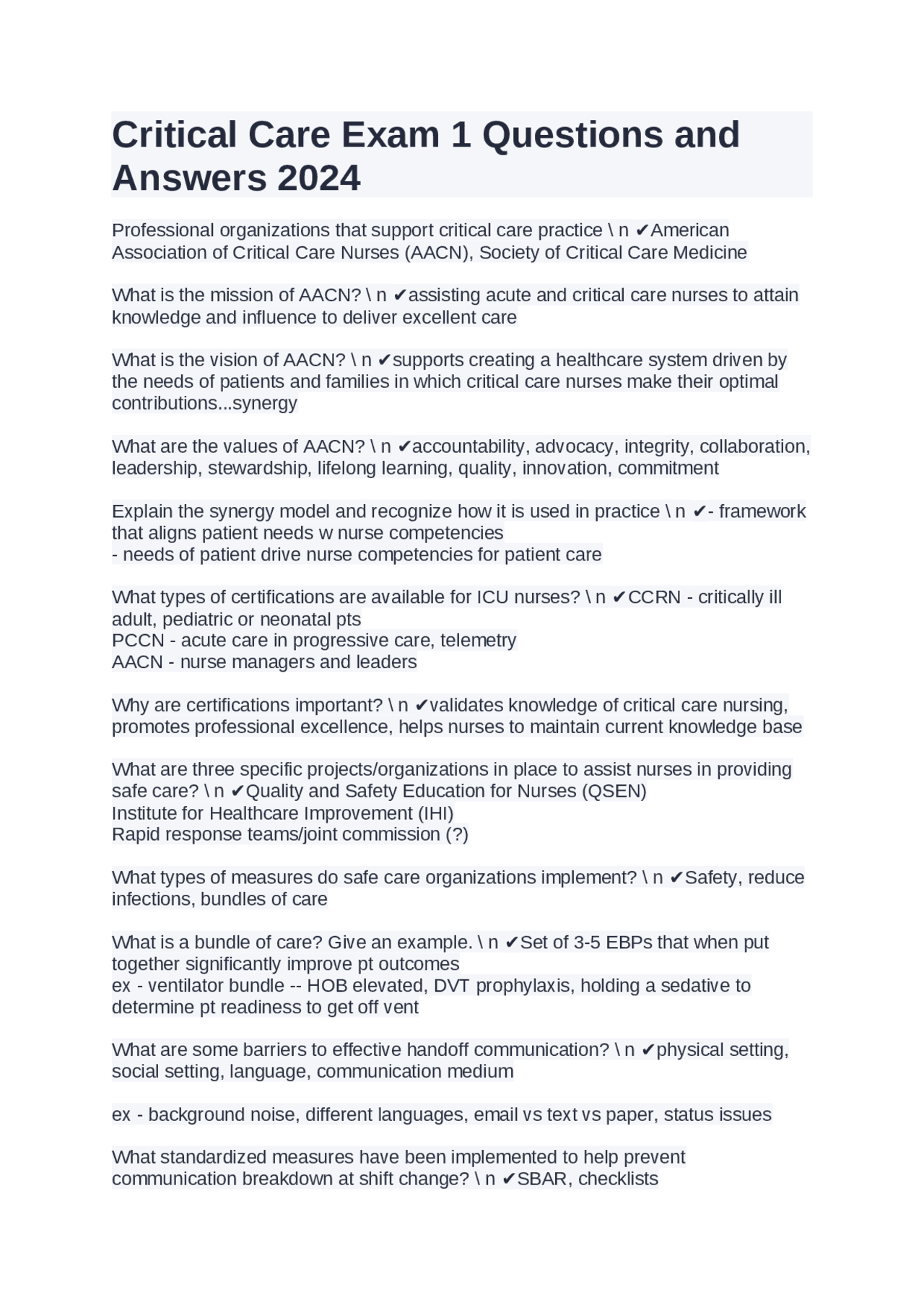 Critical Care Exam 1 Questions and Answers 2024 | Exams Nursing | Docsity