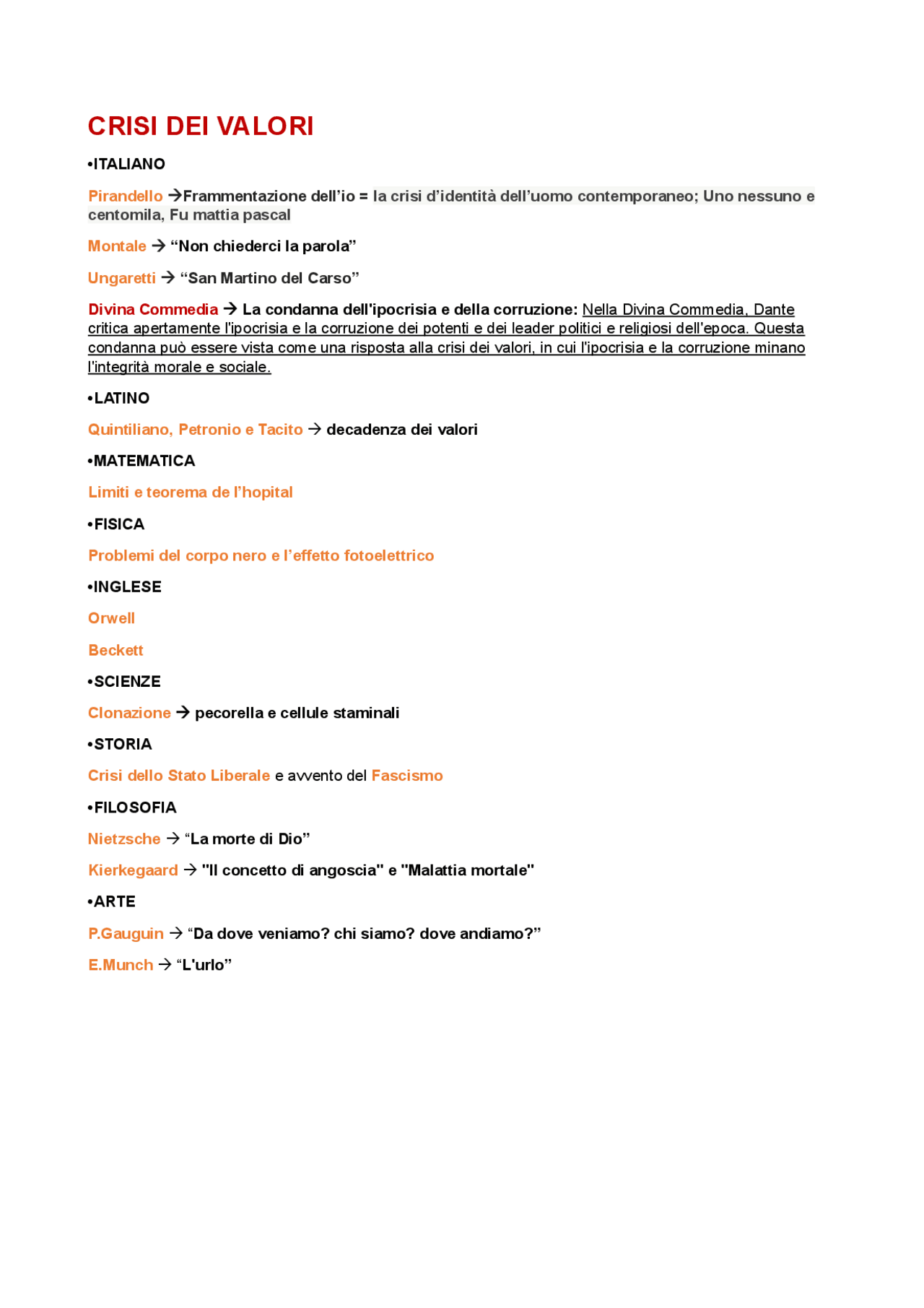 tesina crisi dei valori maturità | Tesine di Maturità di Italiano | Docsity