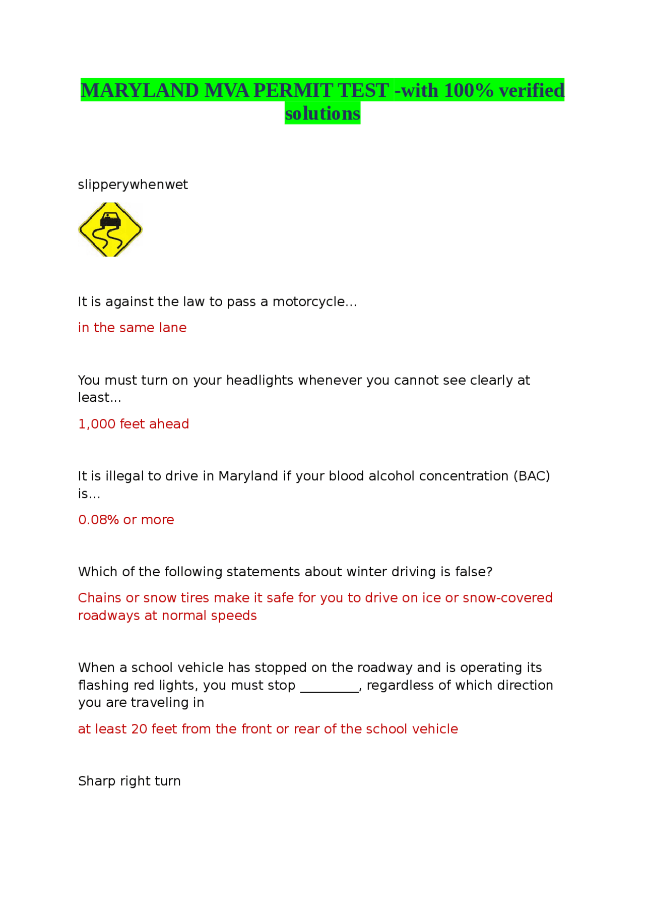 MARYLAND MVA PERMIT TEST -with 100% verified solutions.docx | Exams ...