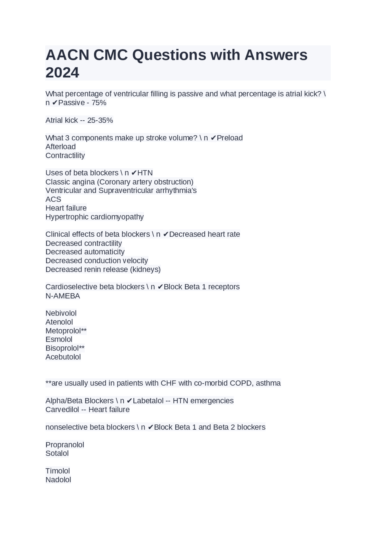 AACN CMC Questions with Answers 2024 | Exams Nursing | Docsity