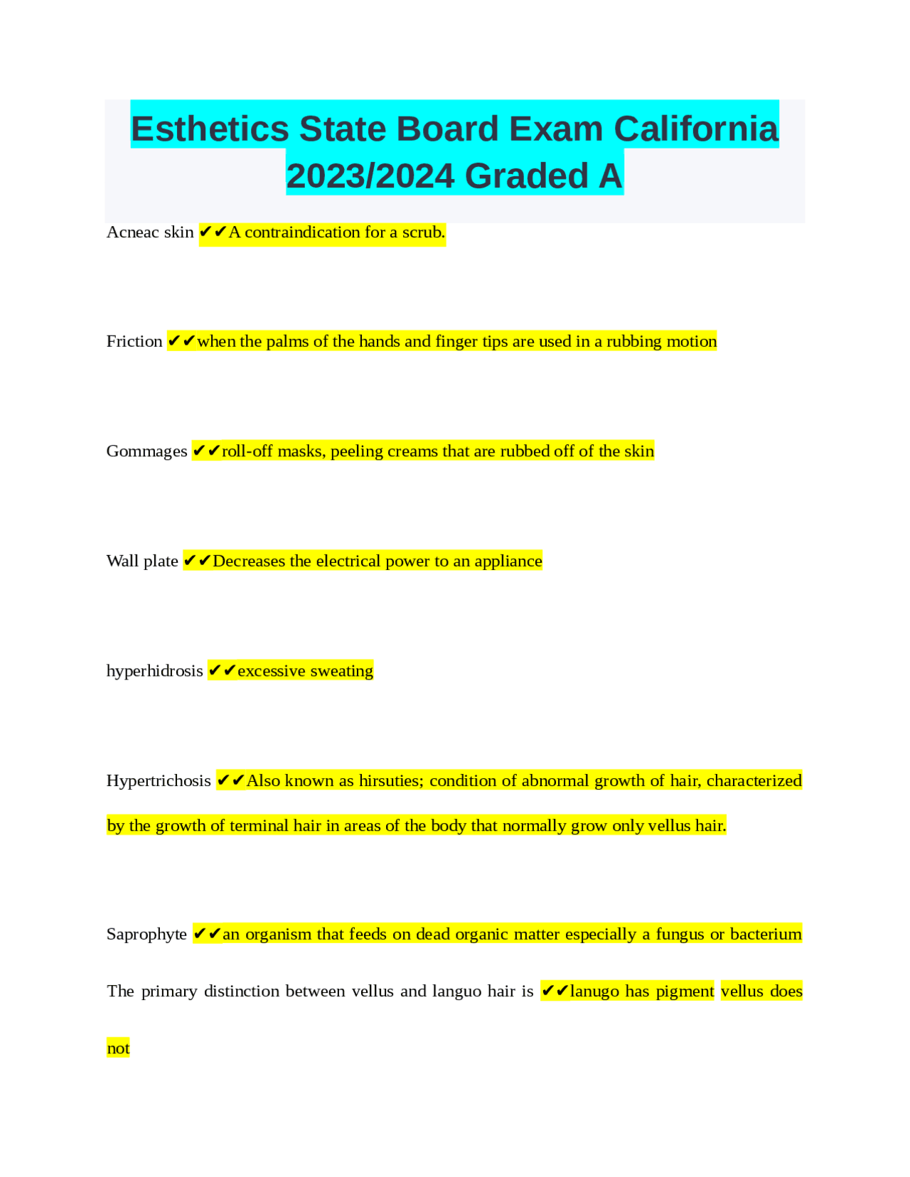 Esthetics State Board Exam California 2023-2024 Graded A | Exams ...