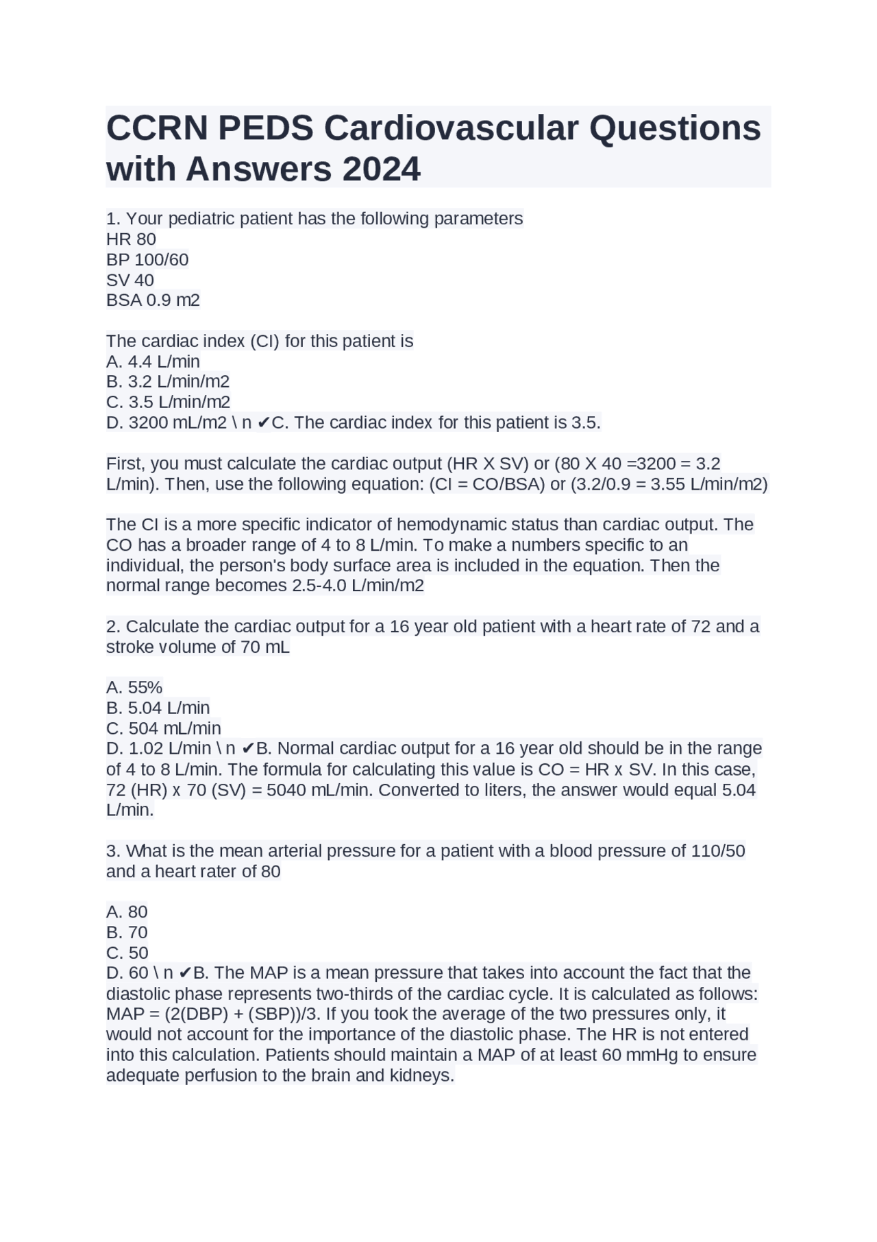 CCRN PEDS Cardiovascular Questions with Answers 2024 | Exams Nursing ...