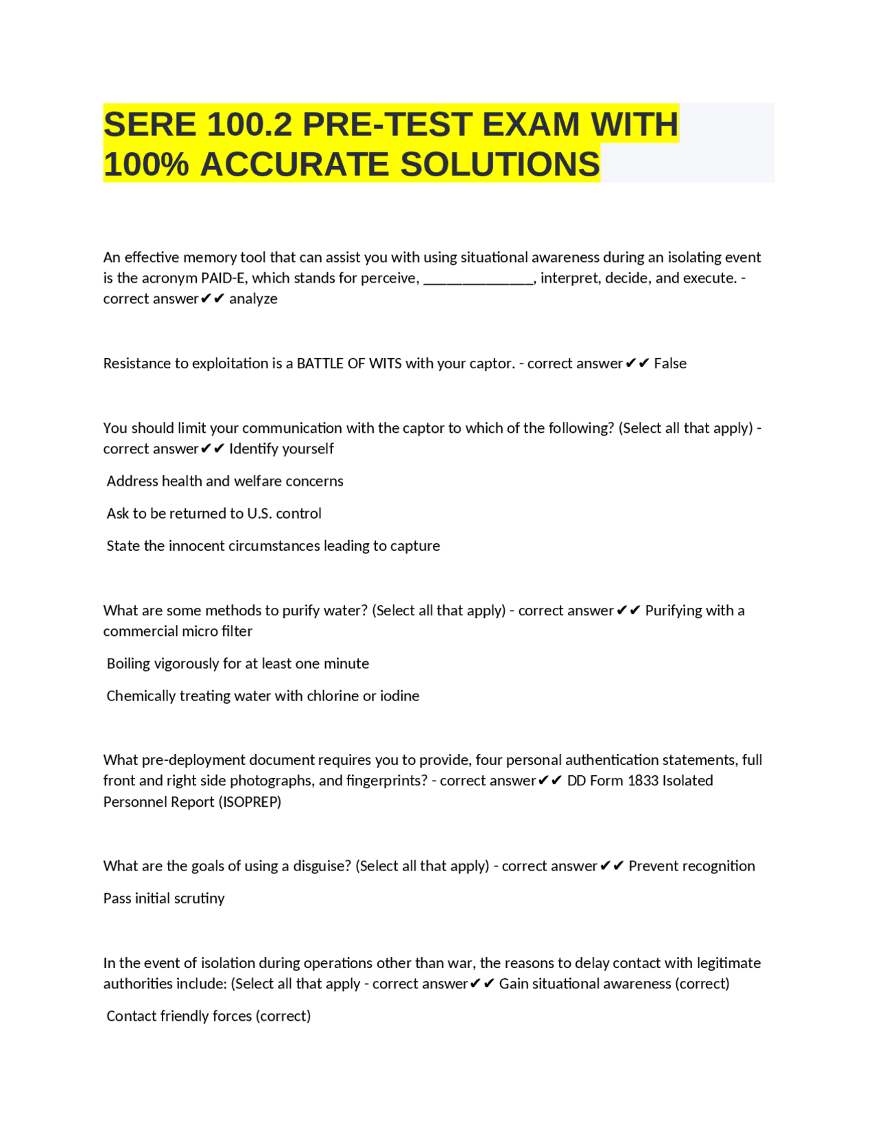 SERE 100.2 PRE-TEST EXAM WITH 100% ACCURATE SOLUTIONS | Exams Nursing ...