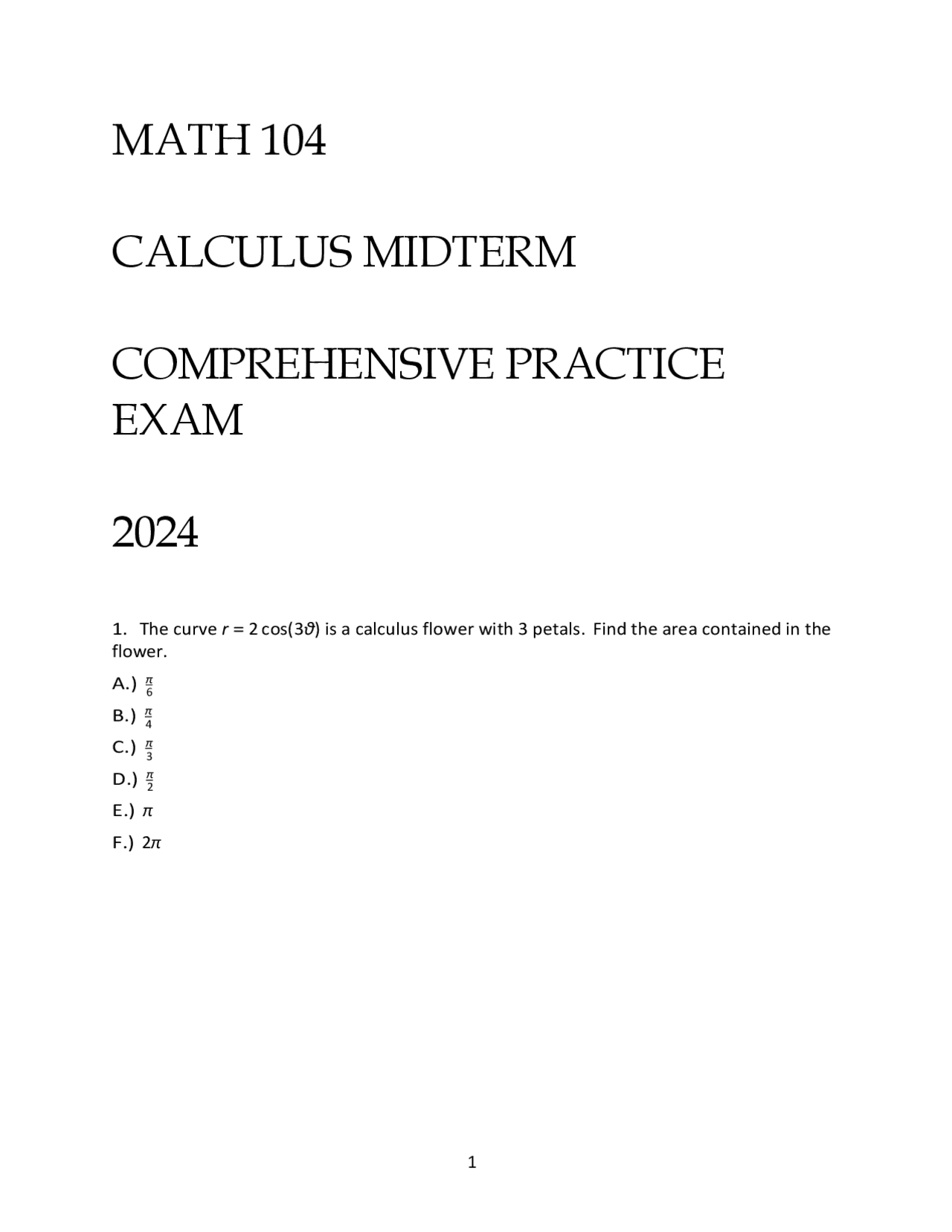 MATH 104 CALCULUS MIDTERM COMPREHENSIVE PRACTICE EXAM 2024 | Exams Calculus | Docsity