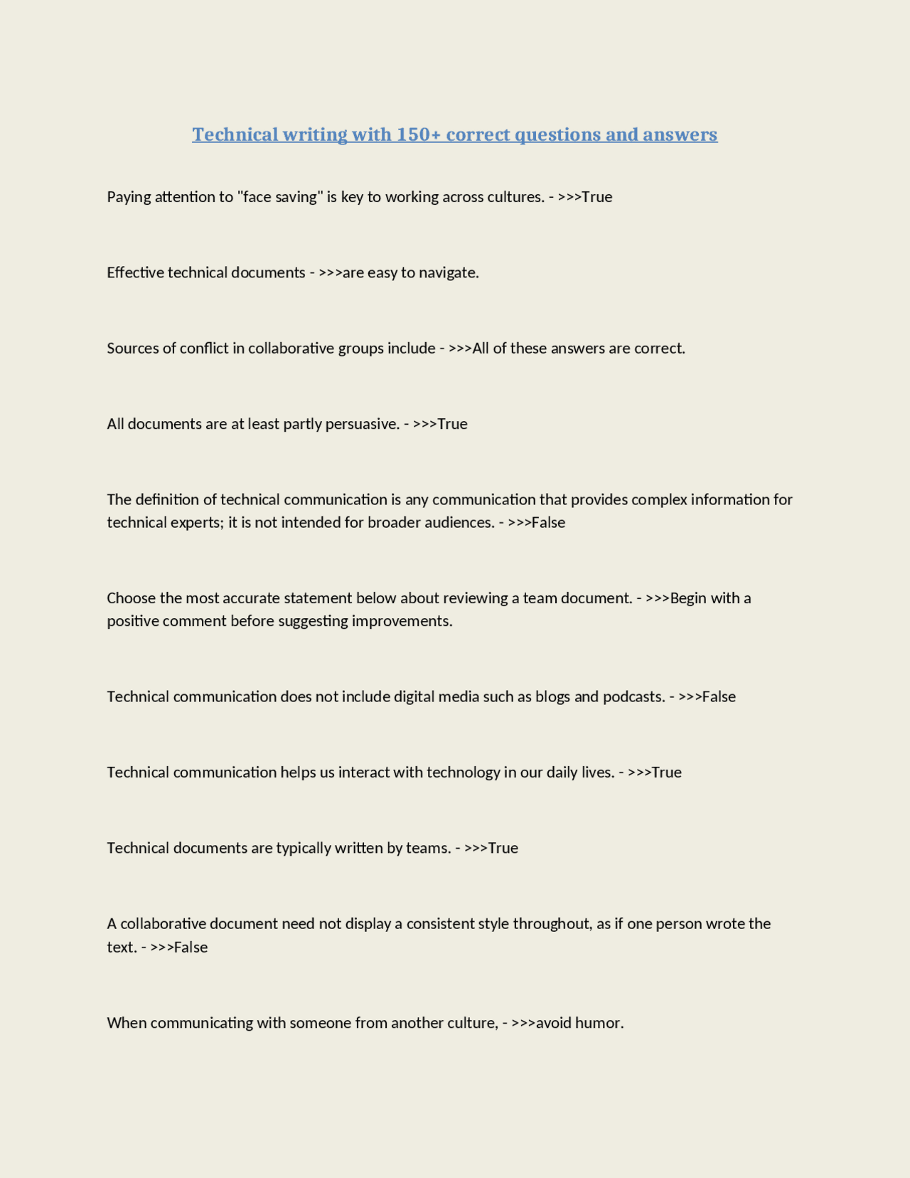 Technical writing with 150+ correct questions and answers | Exams Engineering | Docsity