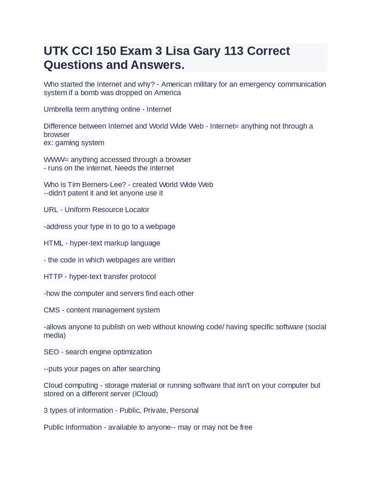 Utk Cci 150 Exam 3 Lisa Gary 113 Correct Questions And Answers Exams Computer Networks Docsity