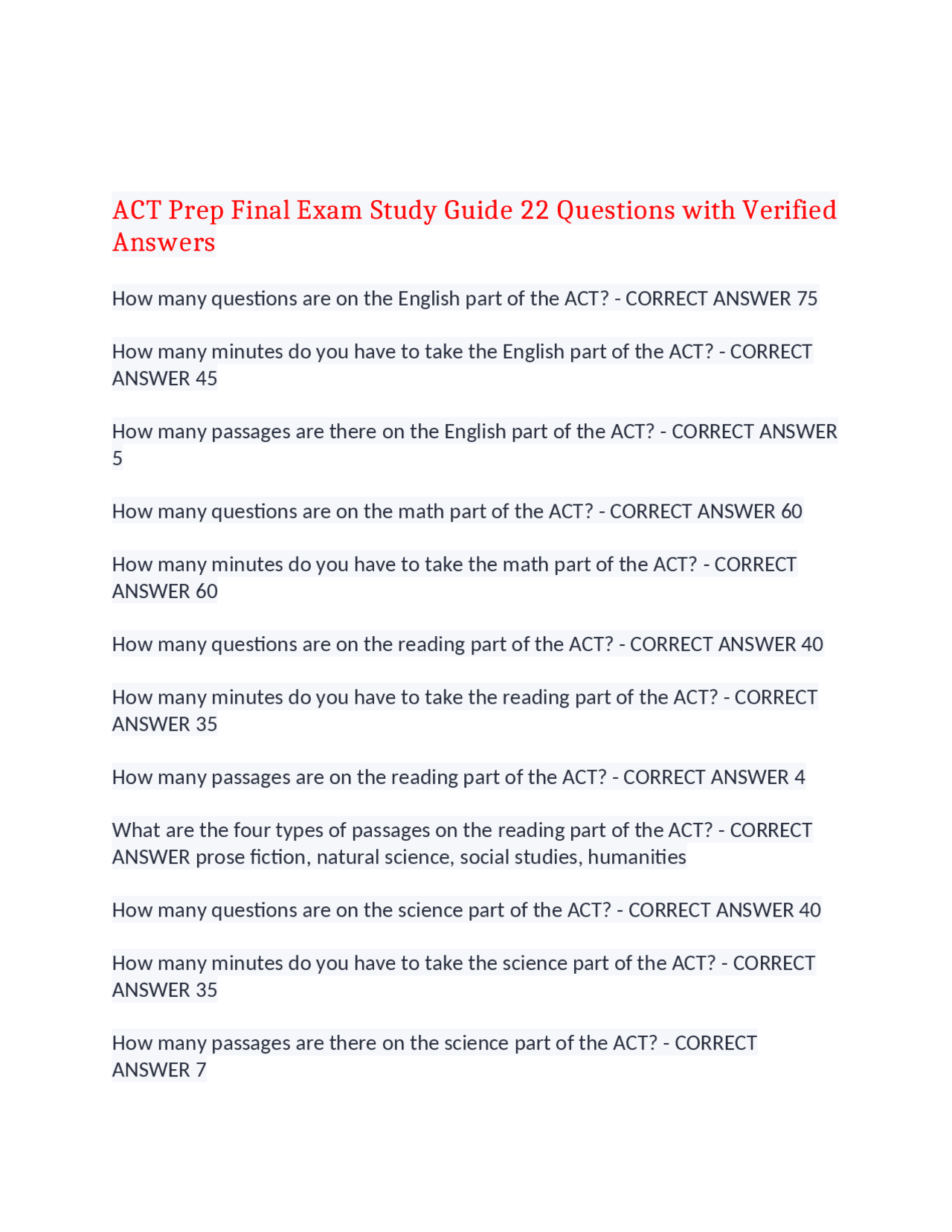 ACT Prep Final Exam Study Guide: Time and Question Distribution | Exams ...