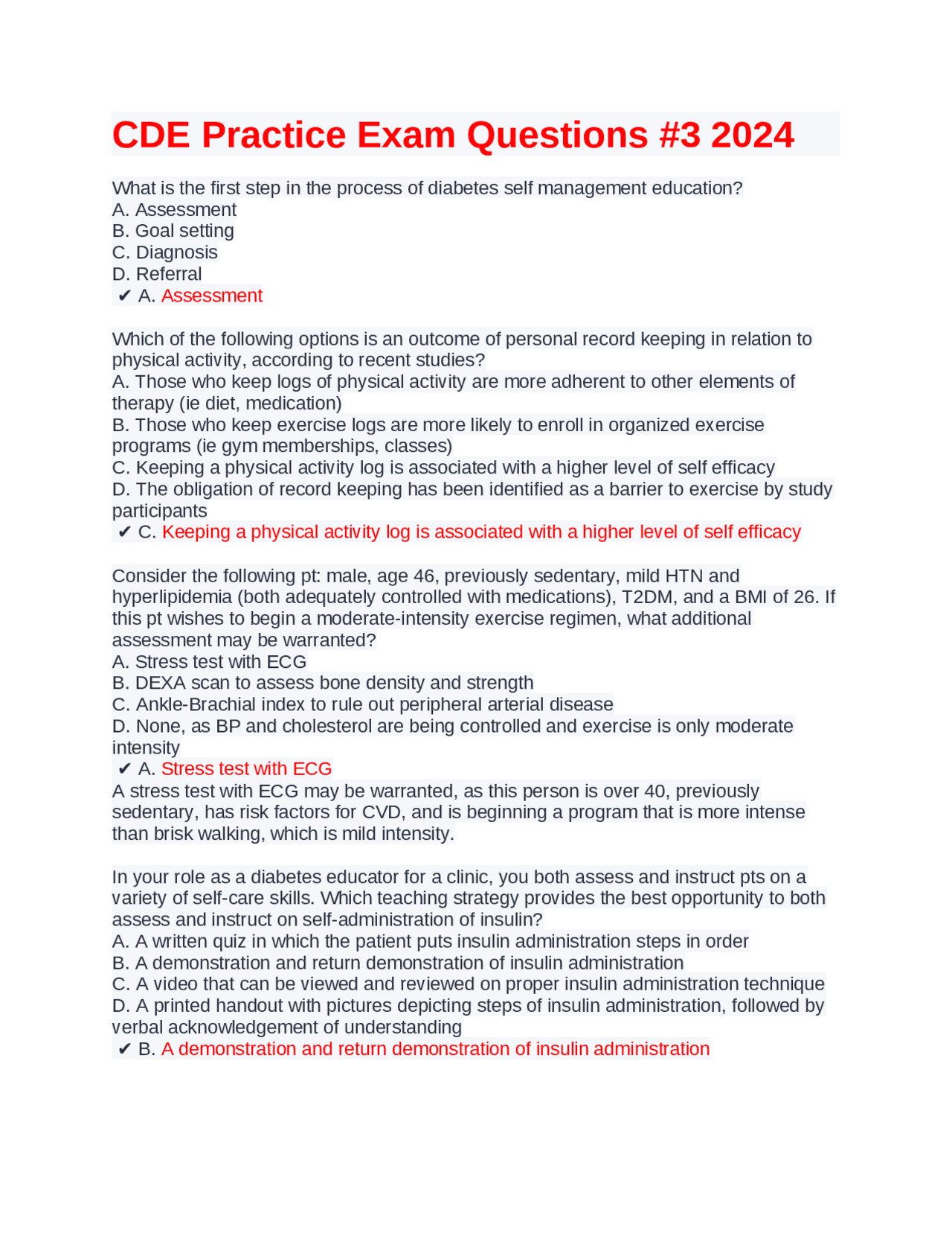 CDE Practice Exam Questions #3 2024 | Exams Medicine | Docsity