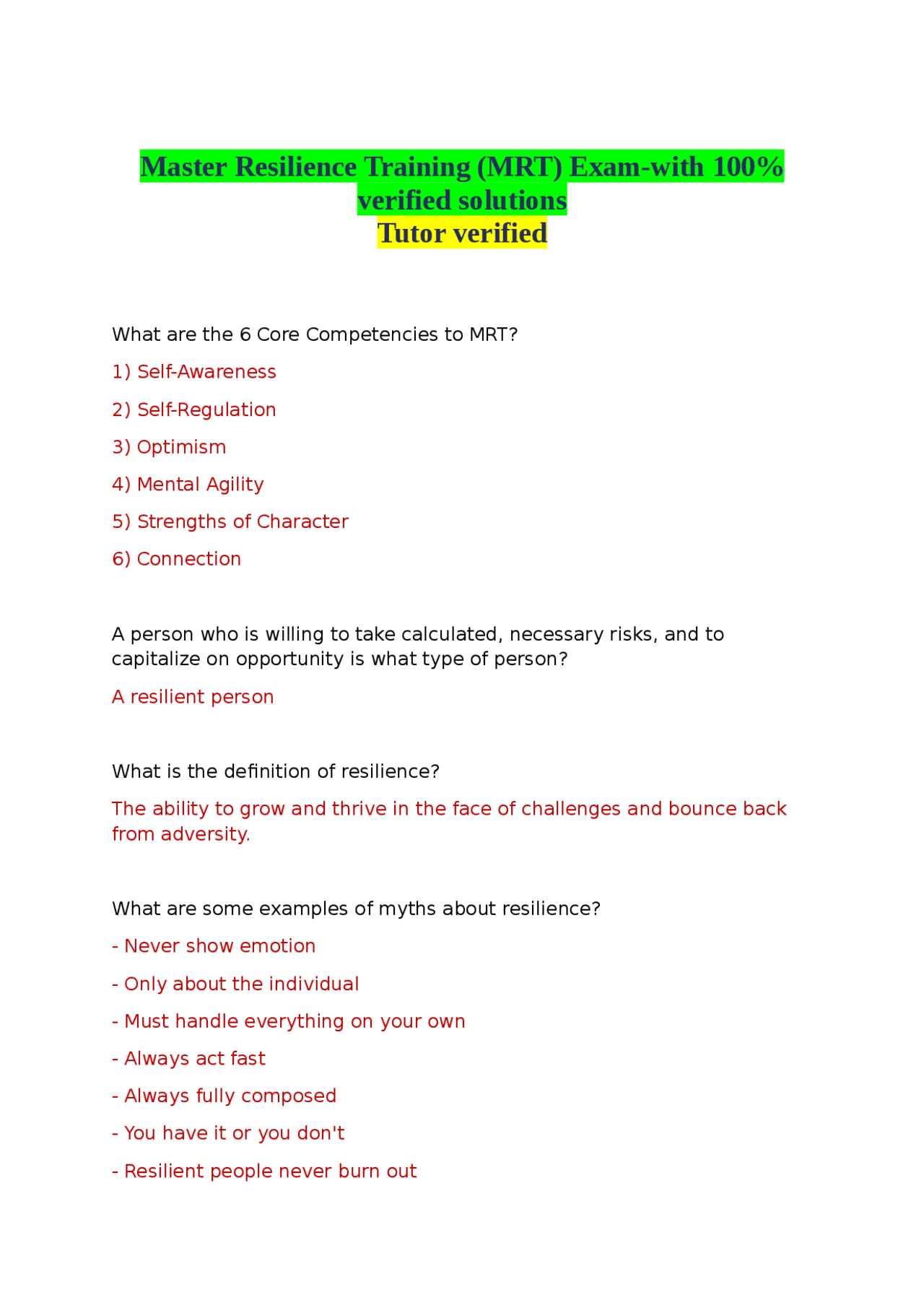 Master Resilience Training (MRT) Exam-with 100% verified solutions ...