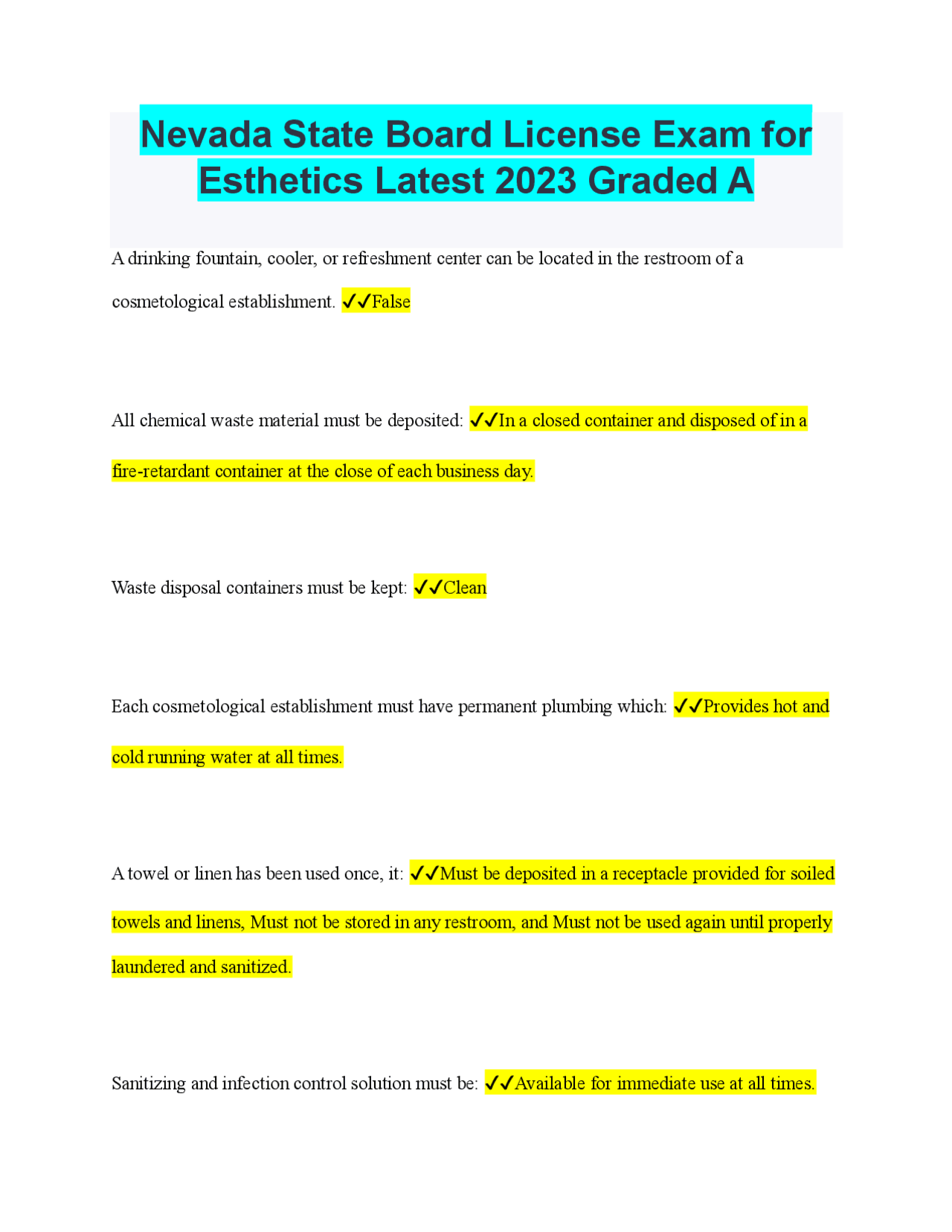 Nevada State Board License Exam for Esthetics Latest 2024 Graded A ...