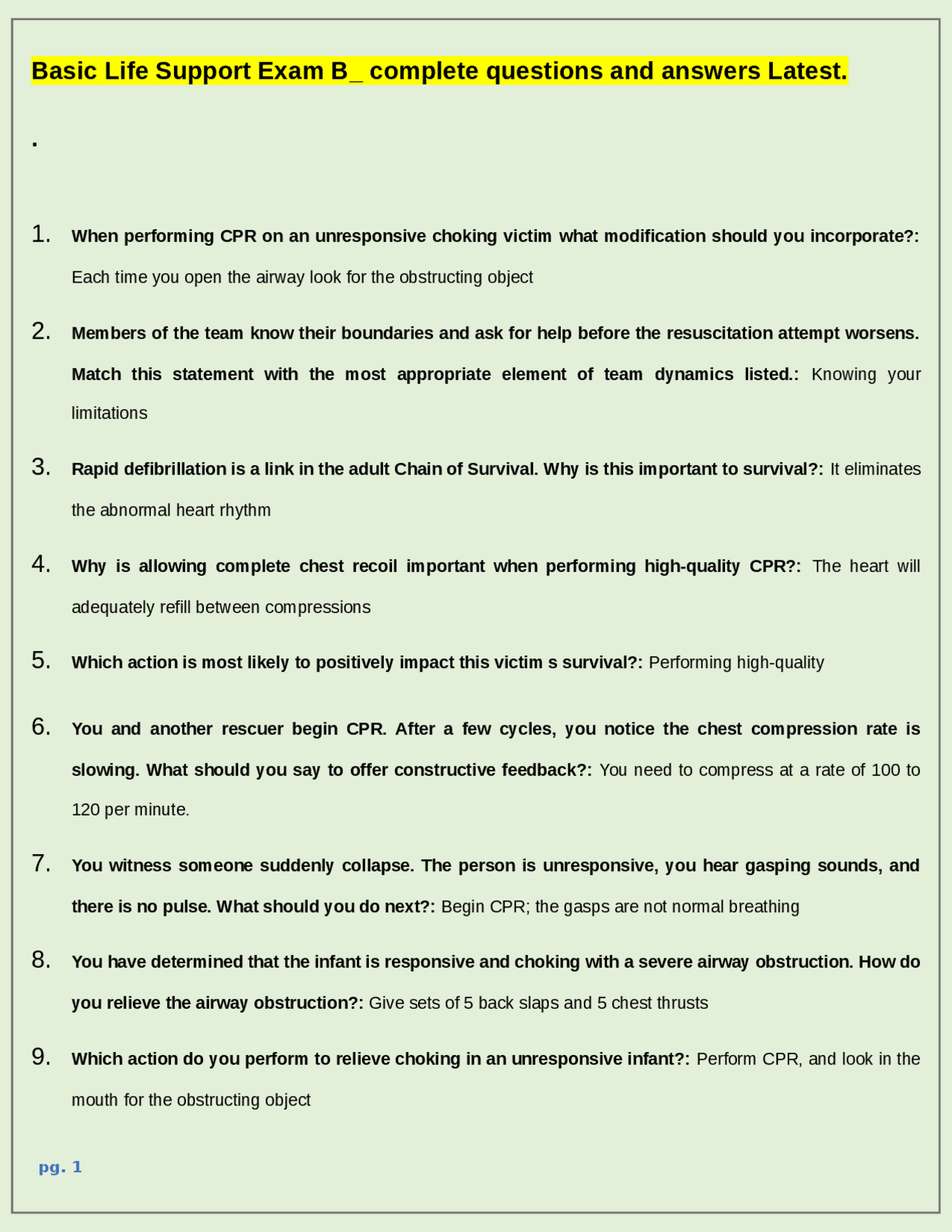 Basic Life Support Exam B_ complete questions and answers Latest ...
