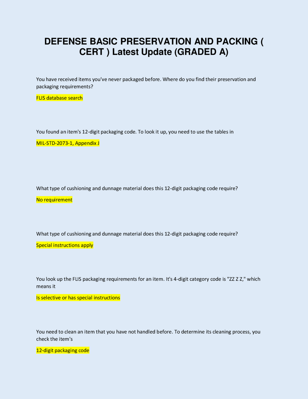 DEFENSE BASIC PRESERVATION AND PACKING ( CERT ) Latest Update (GRADED A ...