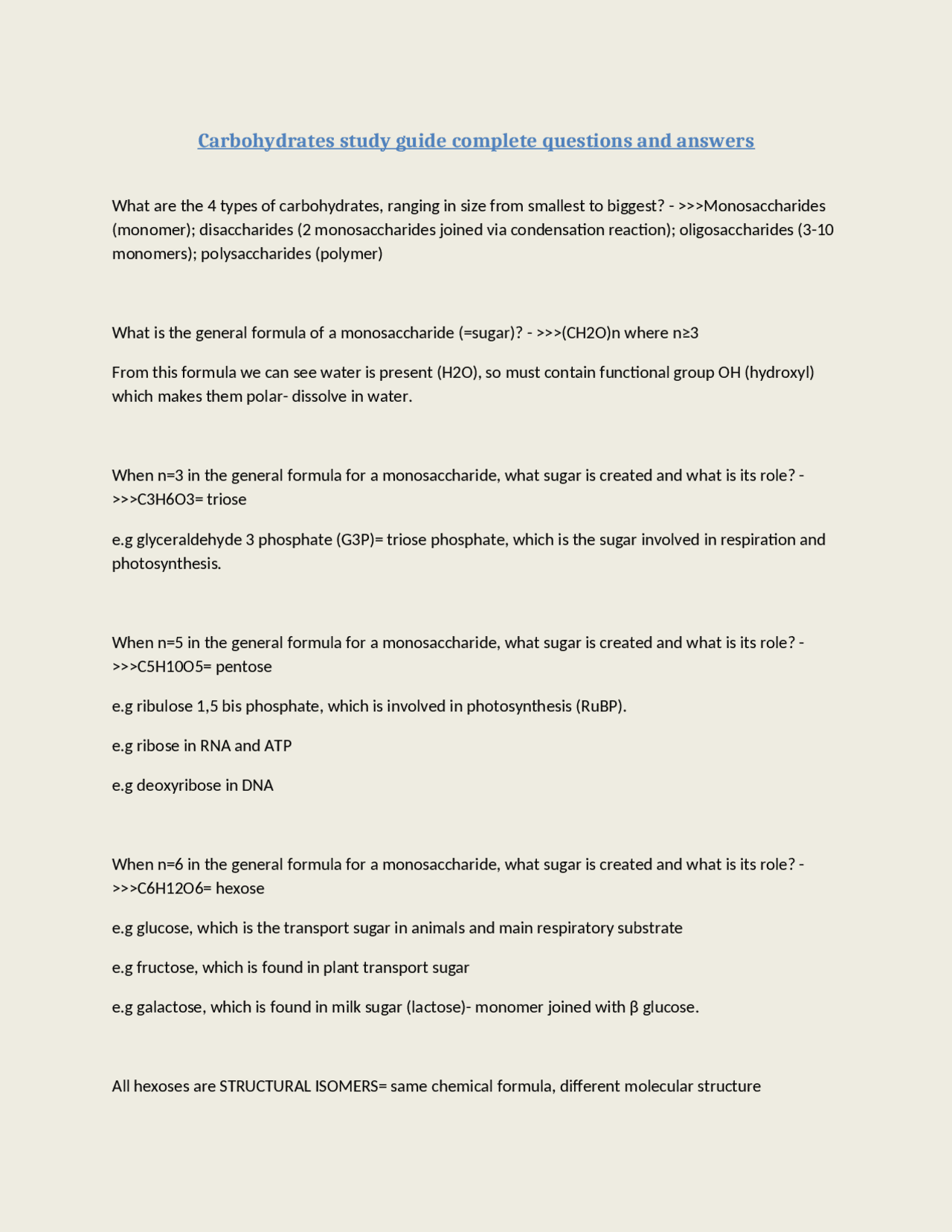 Carbohydrates study guide complete questions and answers | Exams ...