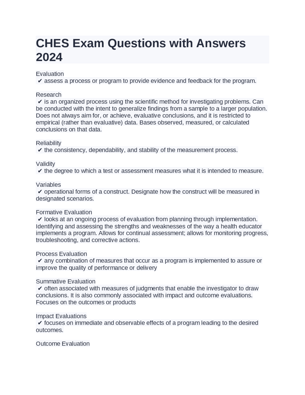 CHES Exam Questions with Answers 2024 | Exams Medicine | Docsity