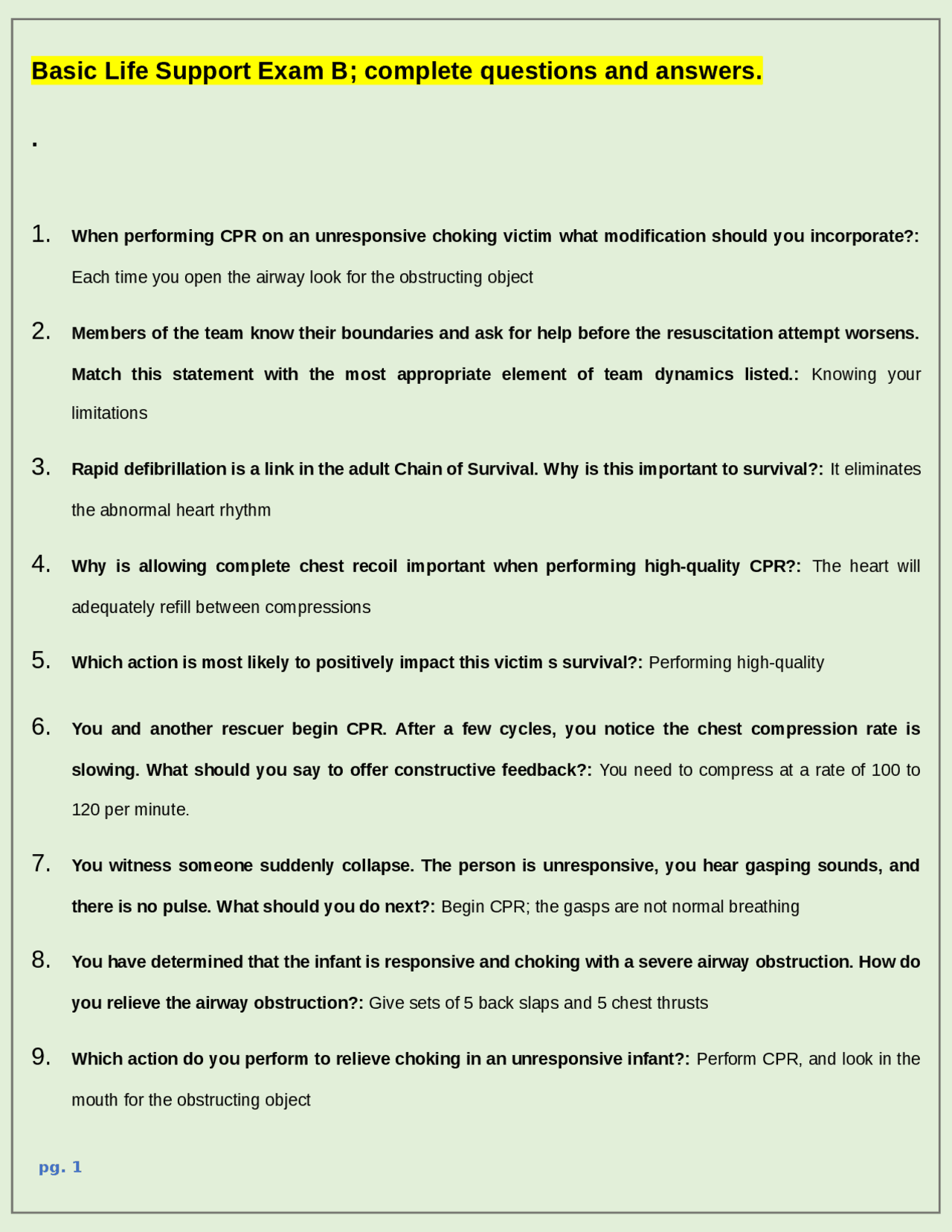 Basic Life Support Exam B; complete questions and answers. | Exams ...