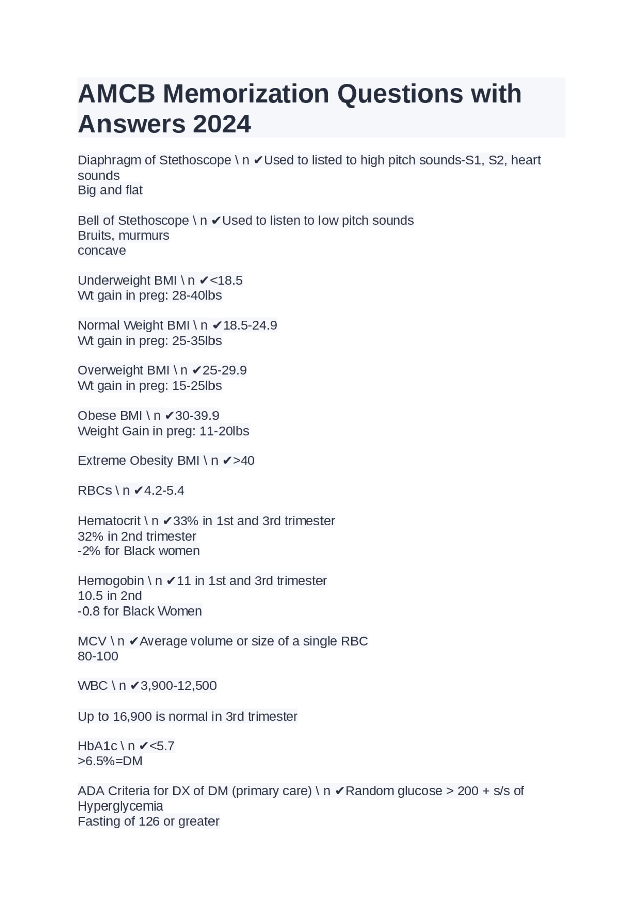 AMCB Memorization Questions with Answers 2024 | Exams Nursing | Docsity
