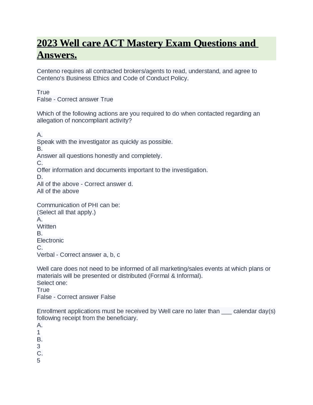 2023 Well care ACT Mastery Exam Questions and Answers. | Exams Acting ...