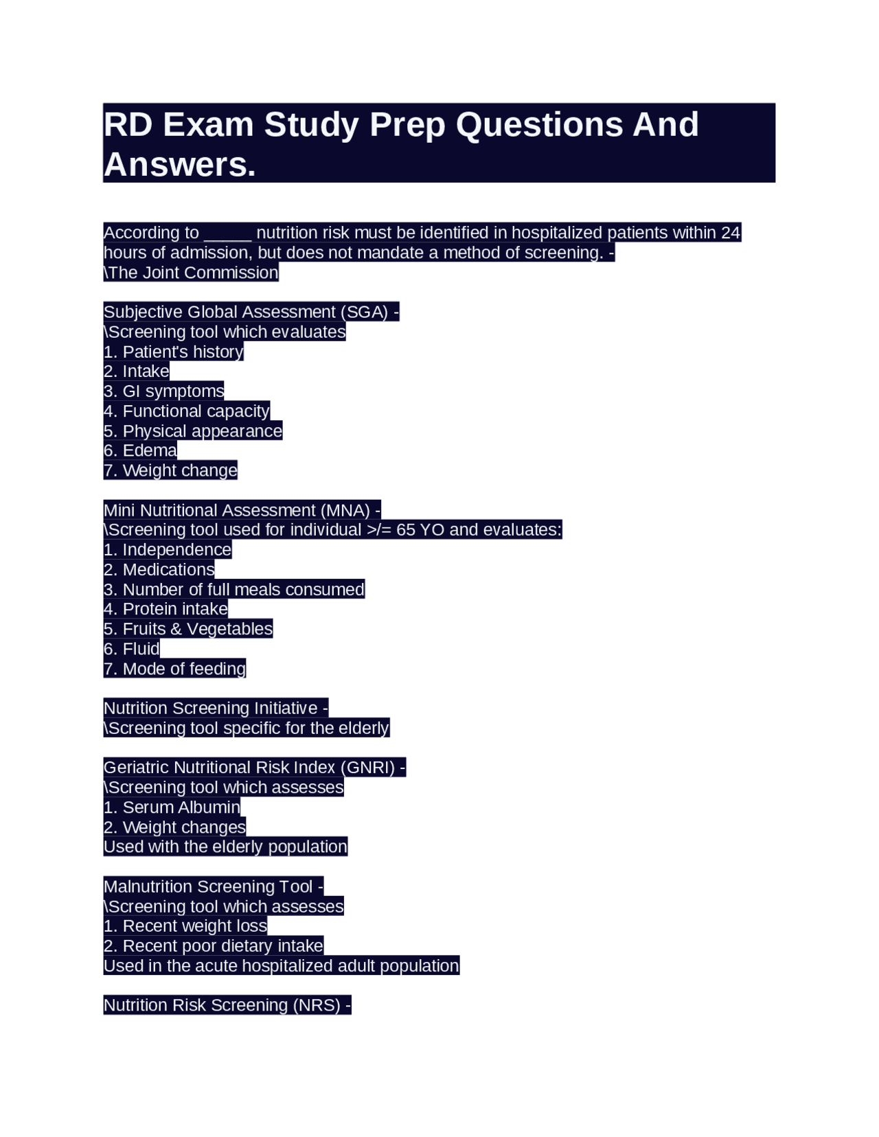 RD Exam Study Prep Questions And Answers. | Exams Medicine | Docsity