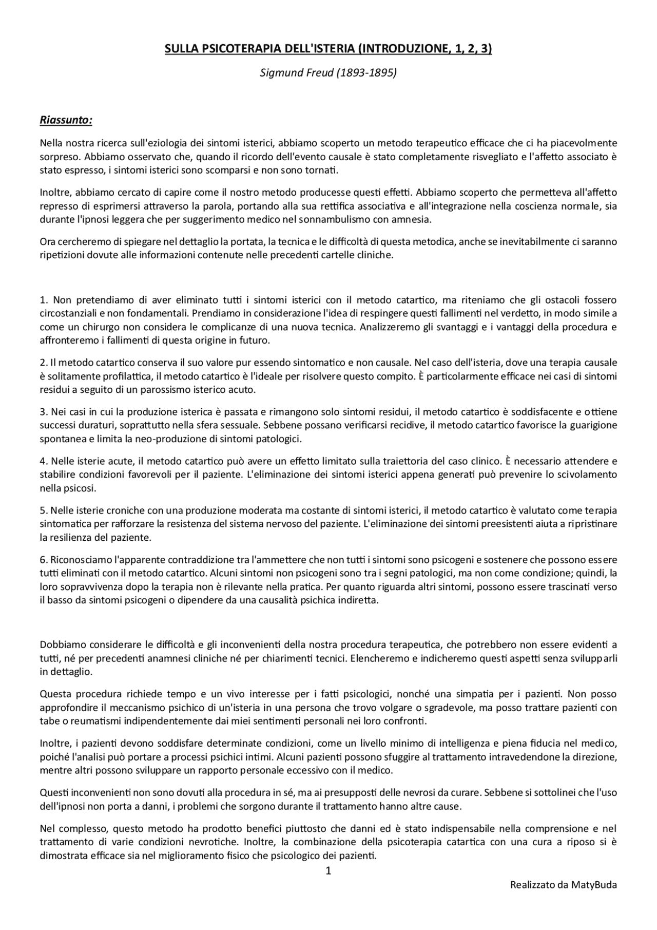 Riassunto di 'Sulla Psicoterapia dell'Isteria (Introduzione, 1, 2, 3 ...