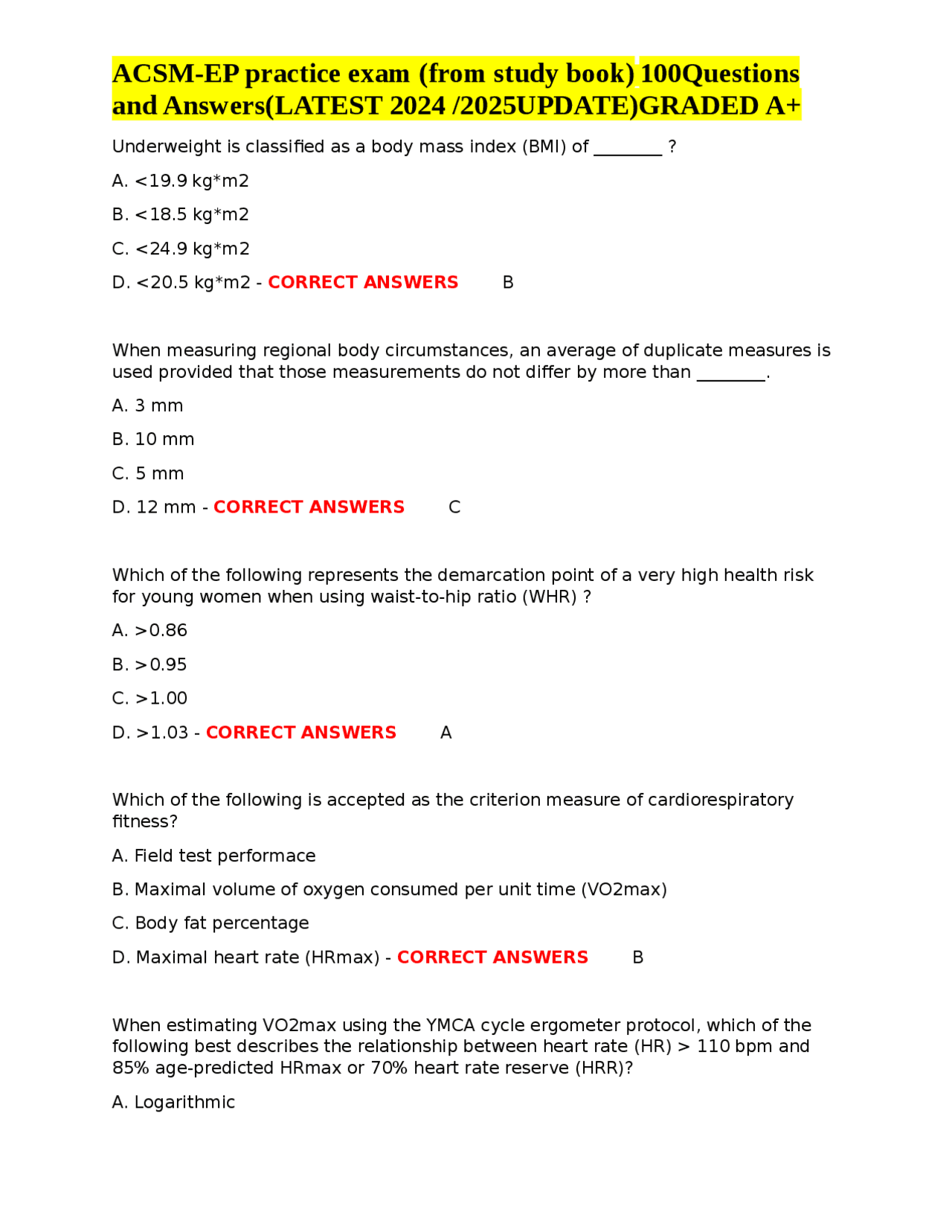 ACSM-EP practice exam (from study book) 100Questions and Answers(LATEST ...