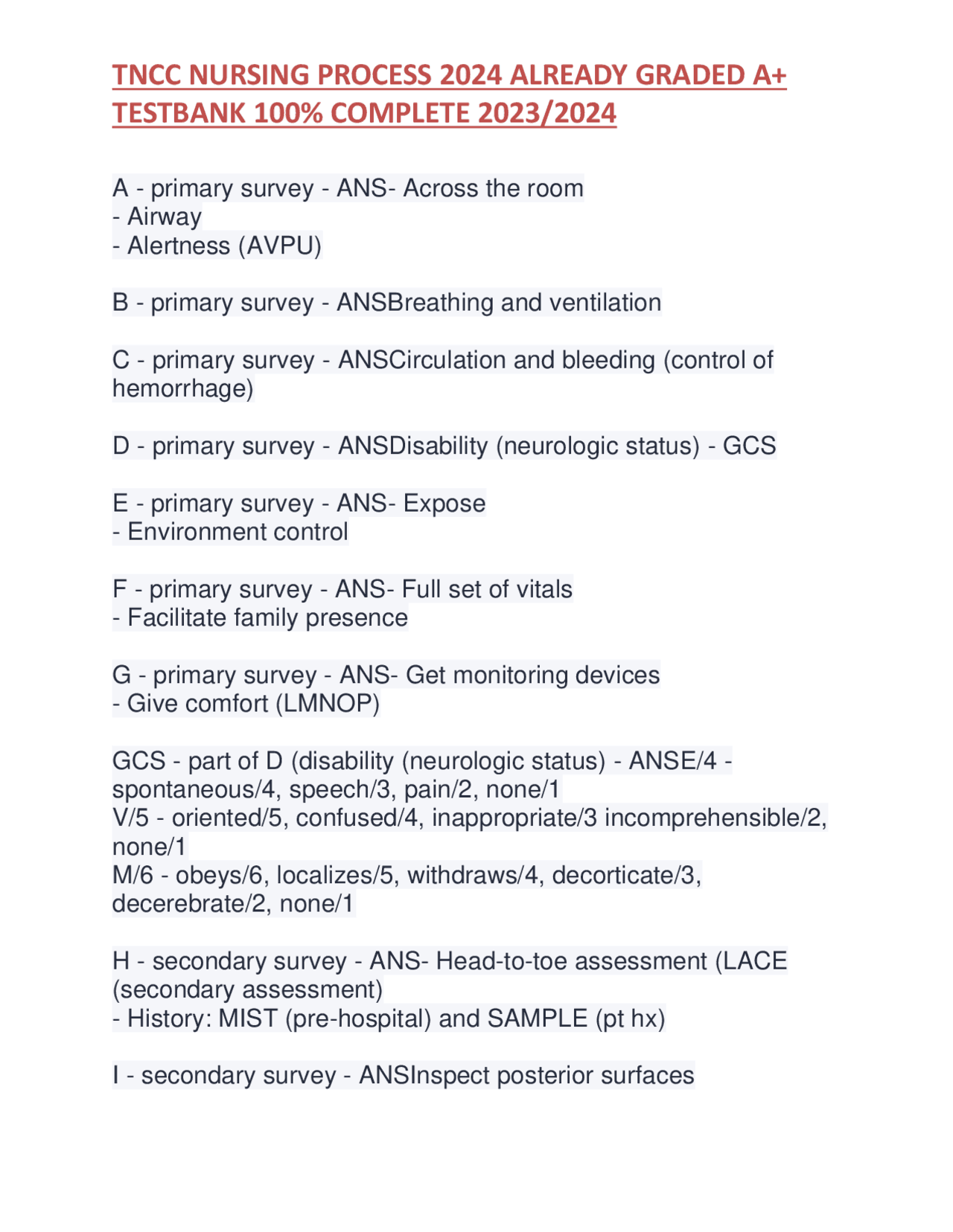 TNCC NURSING PROCESS 2024 ALREADY GRADED A+ TESTBANK 100% COMPLETE 2023 ...