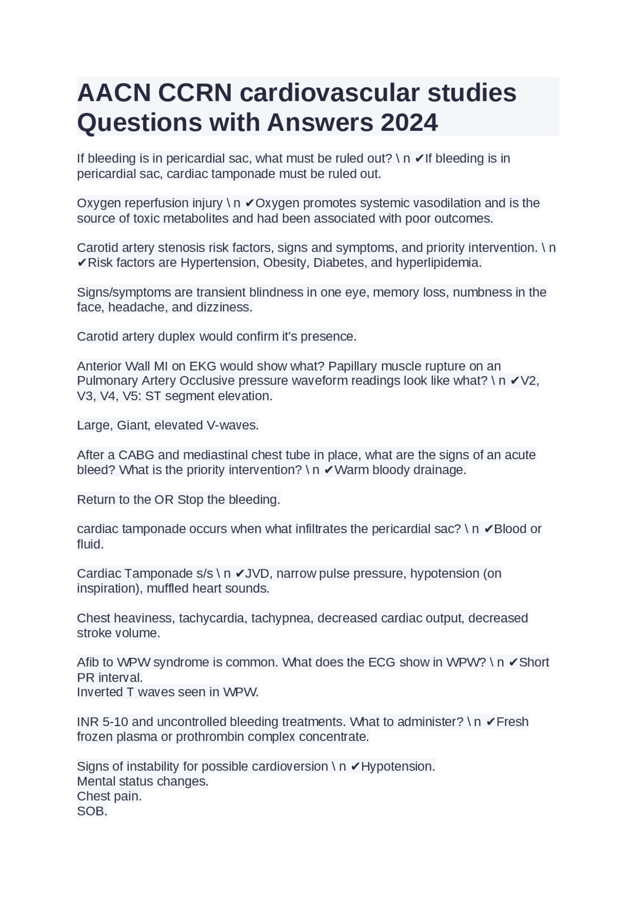 AACN CCRN cardiovascular studies Questions with Answers 2024 | Exams ...