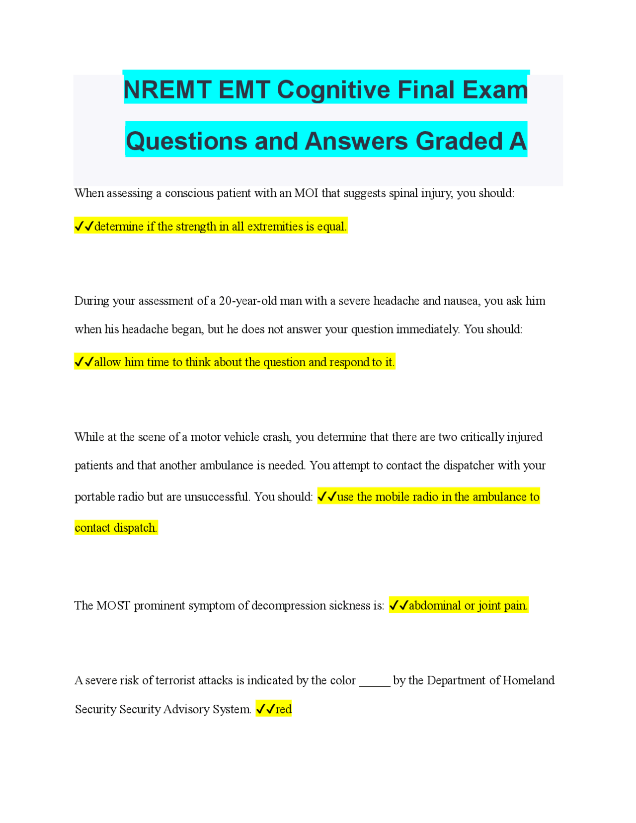 NREMT EMT Cognitive Final Exam Questions and Answers Graded A 2024 ...