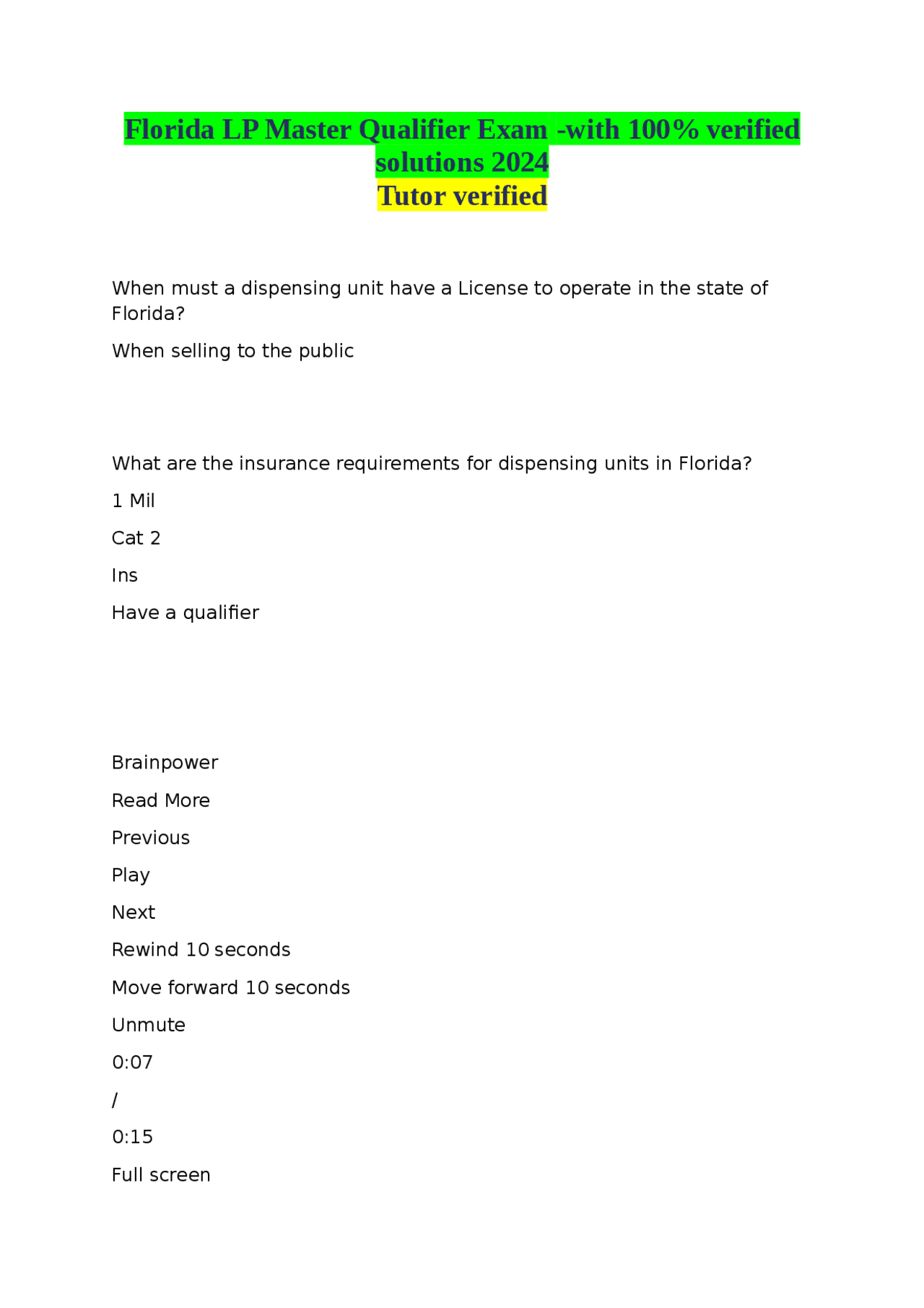 Florida LP Master Qualifier Exam Solutions for 2024 | Exams Advanced ...