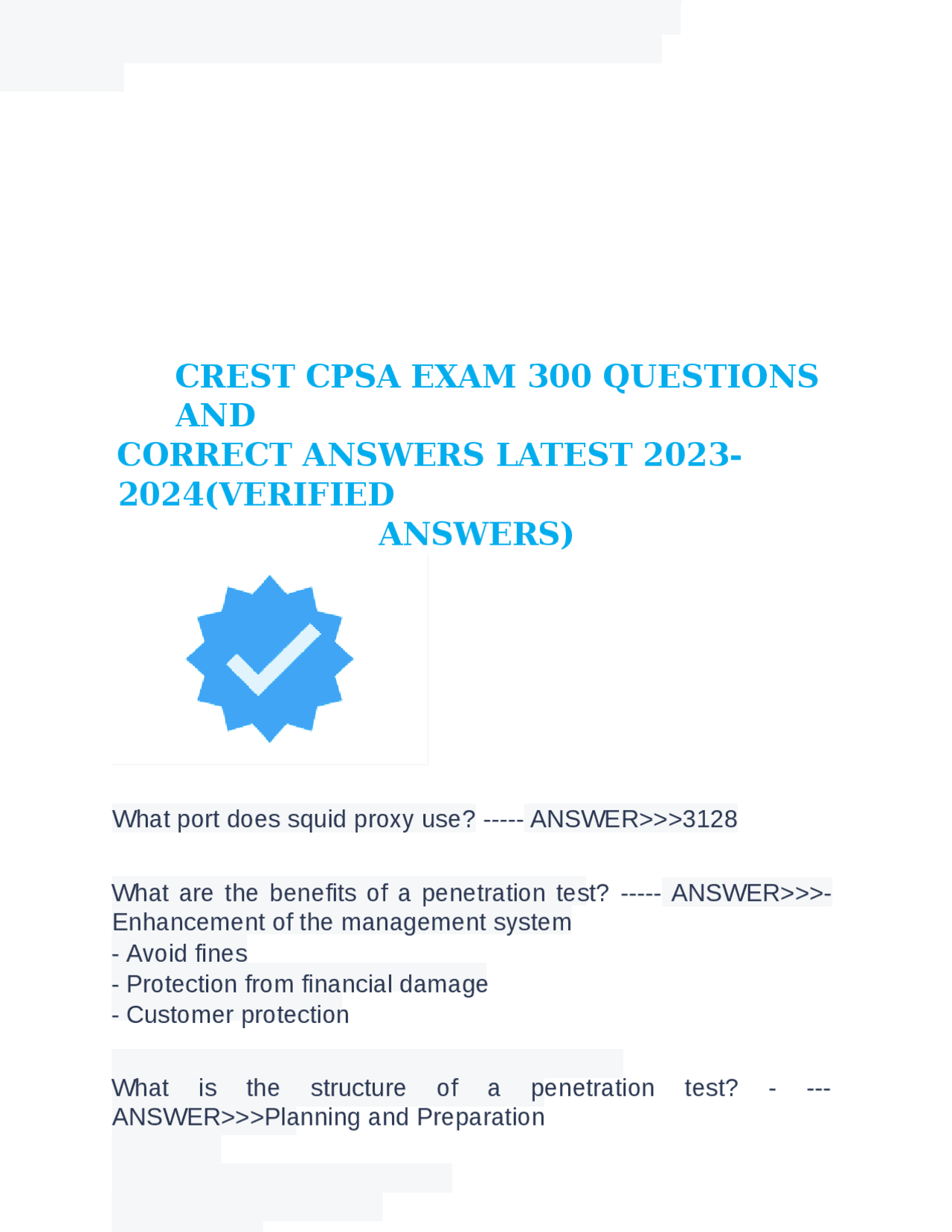 CREST CPSA EXAM 300 QUESTIONS AND CORRECT ANSWERS LATEST 2023-2024 ...