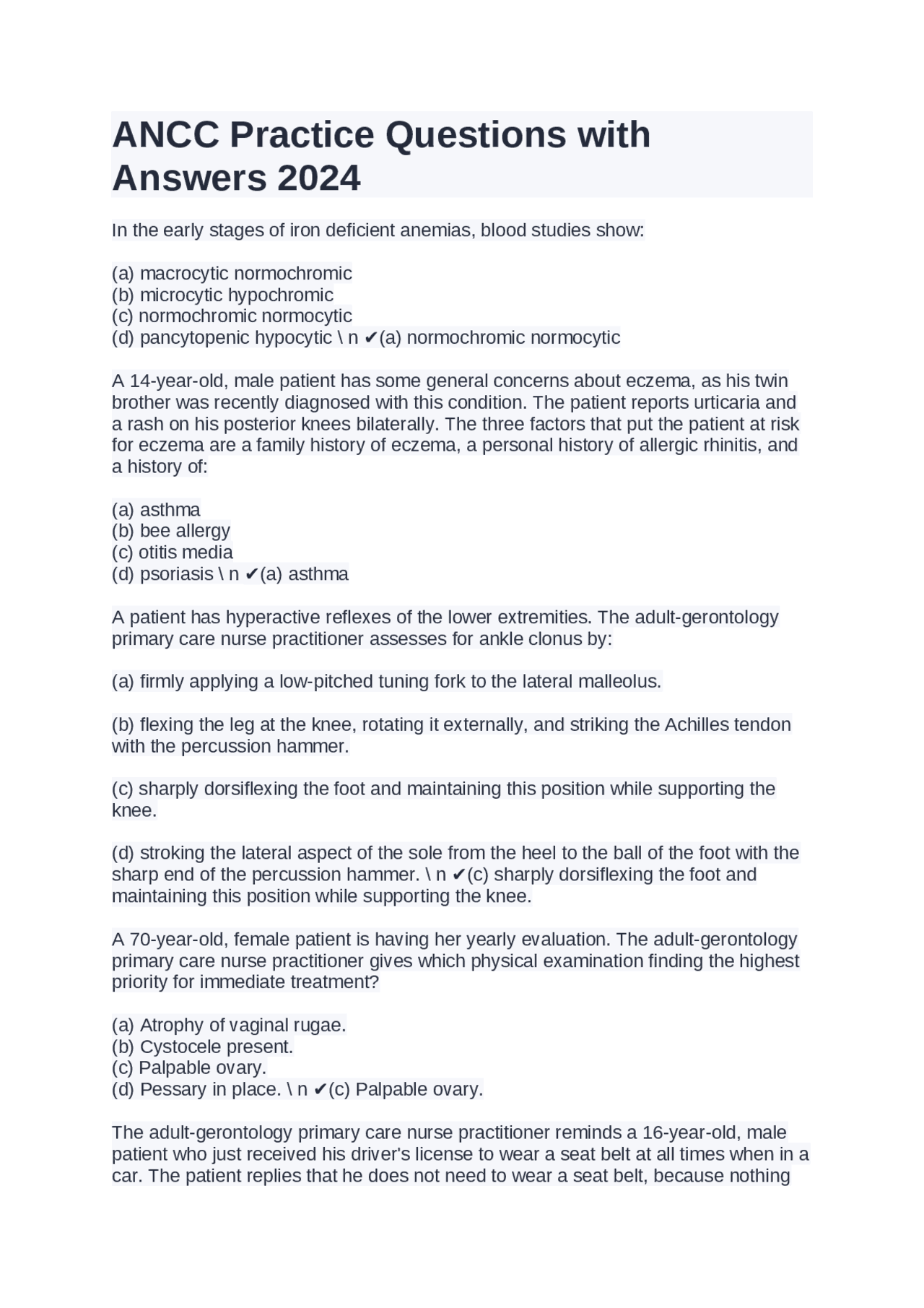 ANCC Practice Questions with Answers 2024 | Exams Nursing | Docsity