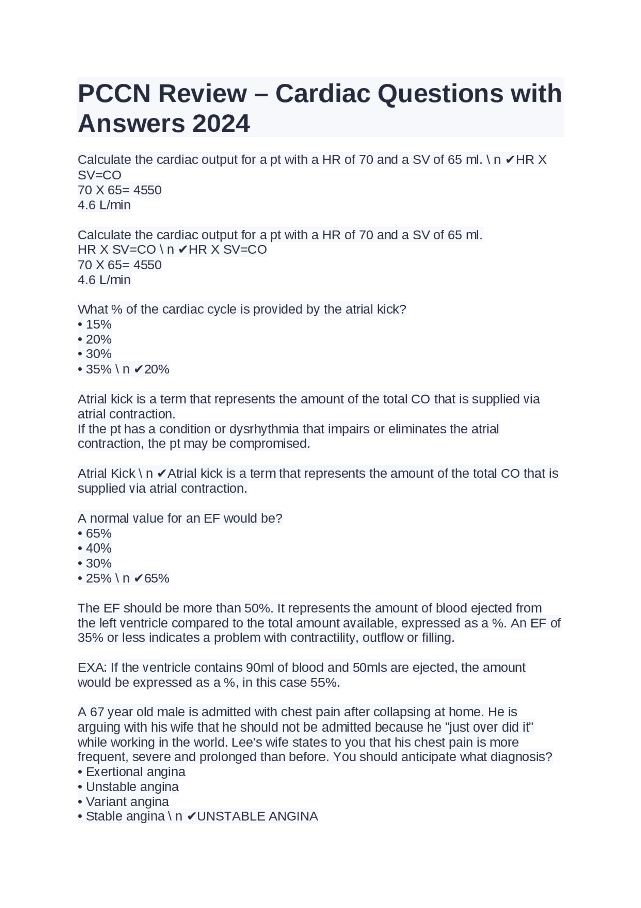 PCCN Review – Cardiac Questions with Answers 2024 | Exams Nursing | Docsity