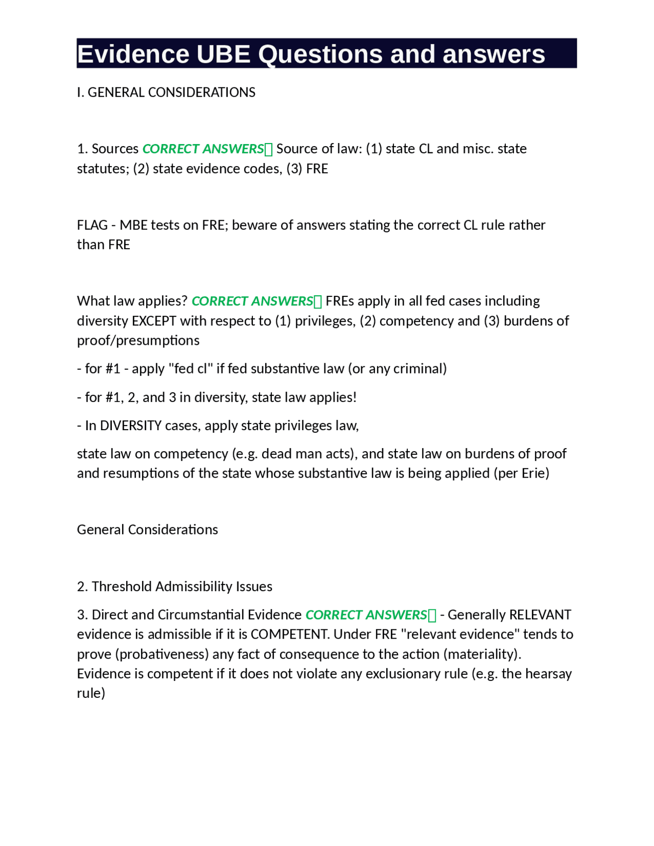 Evidence UBE Questions and answers | Exams Law of Evidence | Docsity