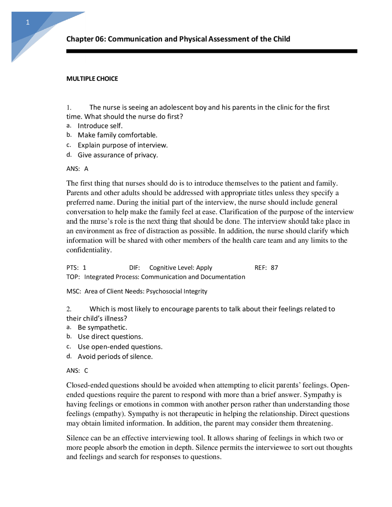 Chapter 06 Communication and Physical Assessment of the Child | Exams Nursing | Docsity