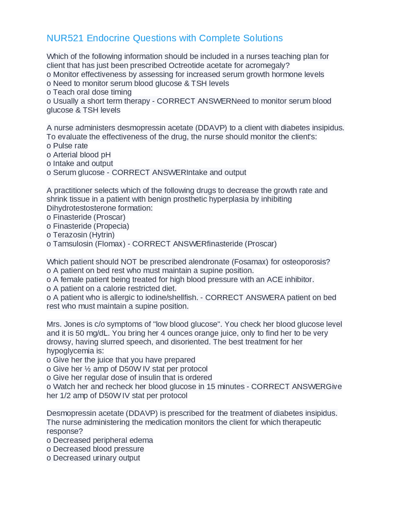 NUR521 Endocrine Questions with Complete Solutions | Exams Nursing ...