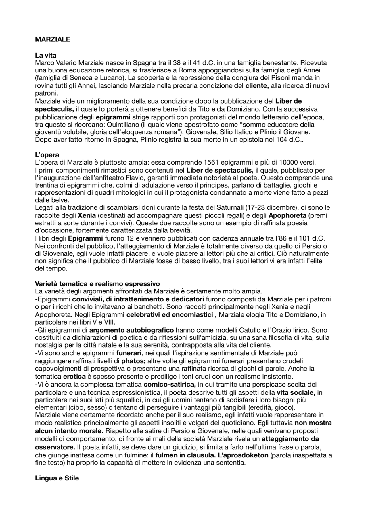 Riassunto vita, temi e stile di Marziale | Appunti di Latino | Docsity