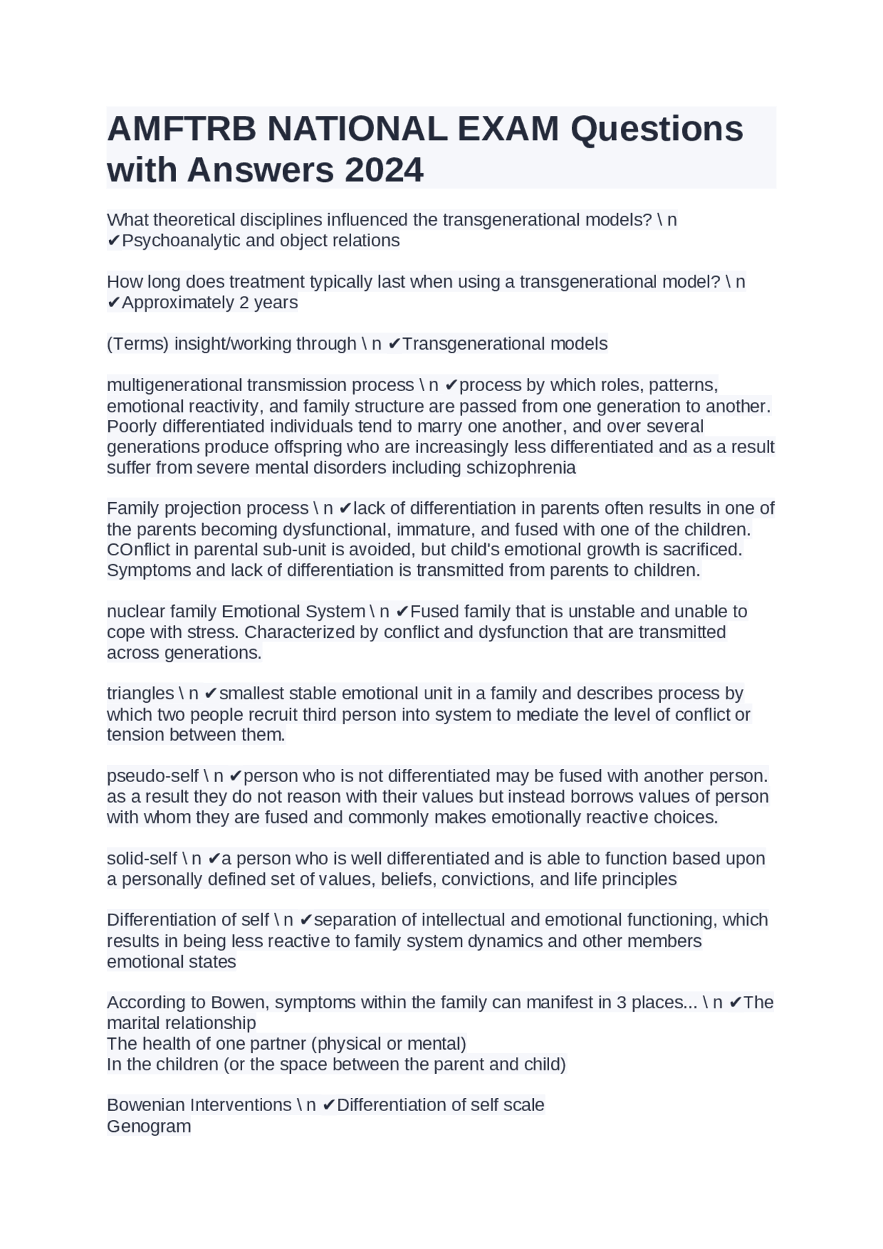 AMFTRB NATIONAL EXAM Questions with Answers 2024 | Exams Nursing | Docsity