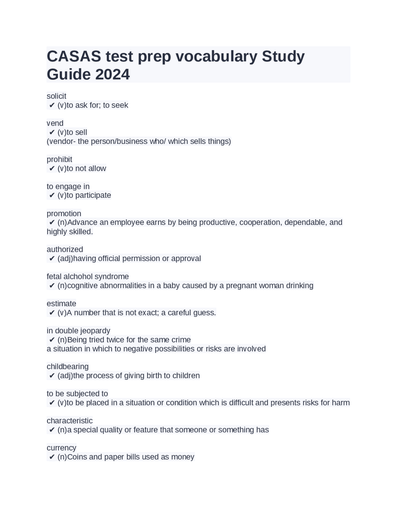 CASAS test prep vocabulary Study Guide 2024 | Exams Mathematics | Docsity